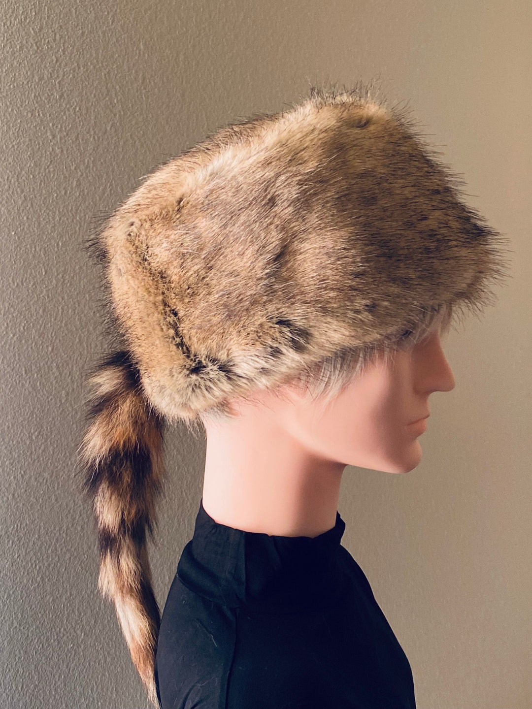 Brown Faux Rabbit Fur Russian Hat, Faux Fur Hat, Unisex Raccoon Tail ...