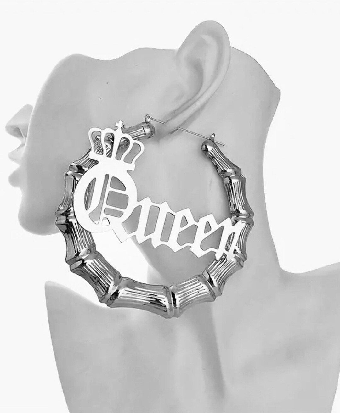 Silver Bamboo Hoop Earrings, Queen Bamboo Earrings, Queen Word Engraved ...