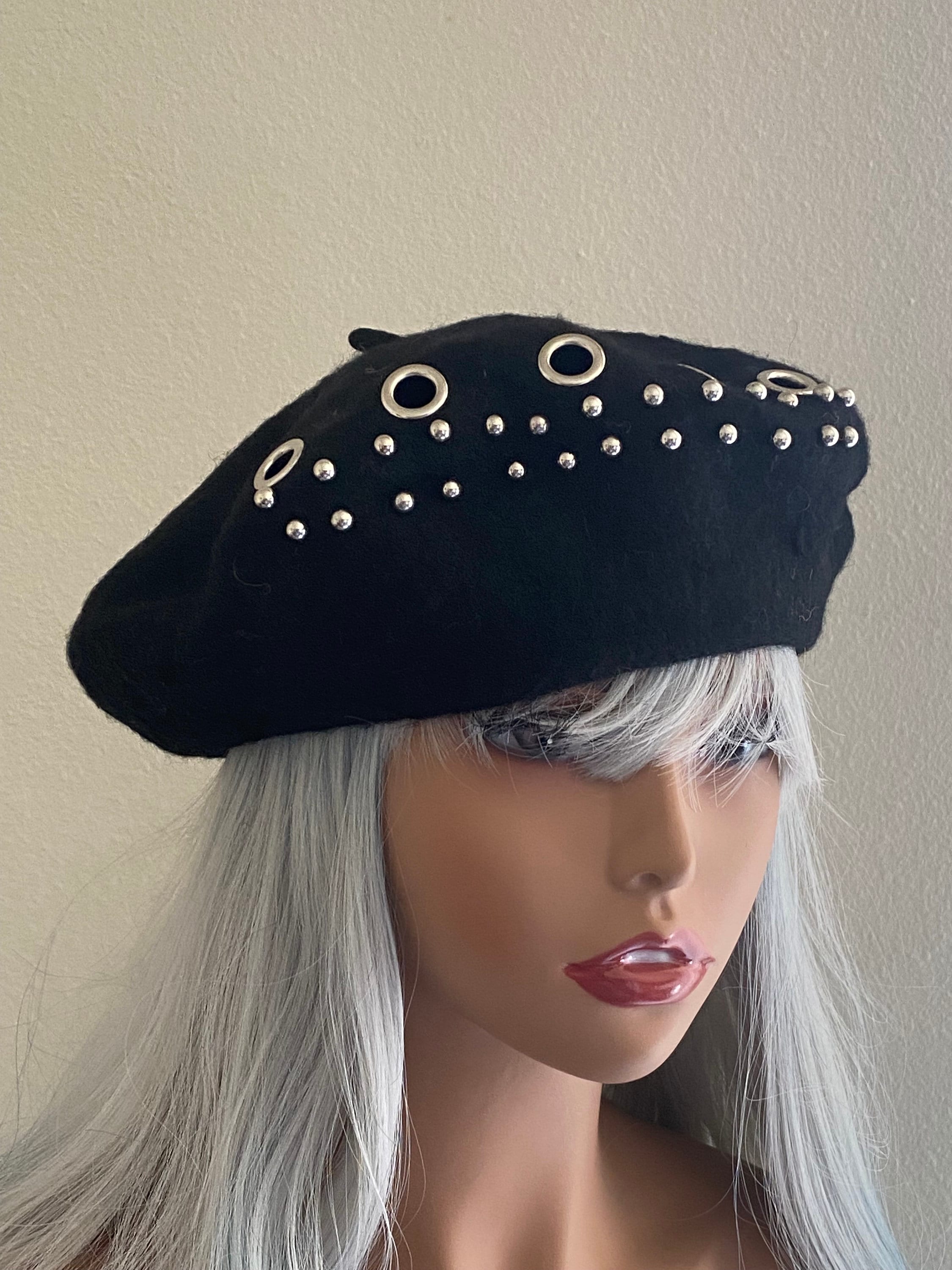 Black Studded Beret, Jeweled Beret, Embellished Hat, Studded Hat ...