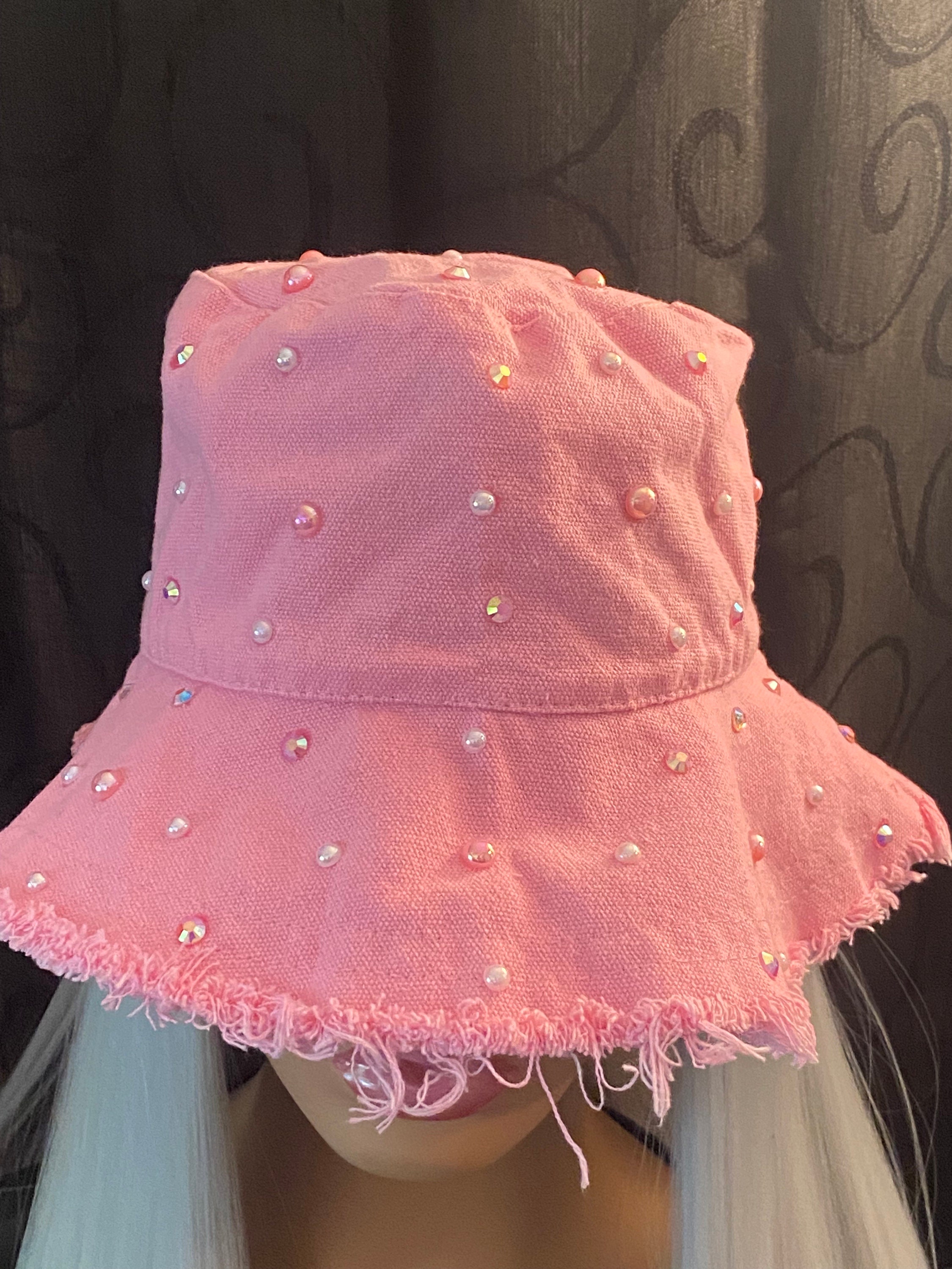 BLING Bucket Hat, Pink Pearl and Rhinestone Hat, Embellished Hat, Pink ...