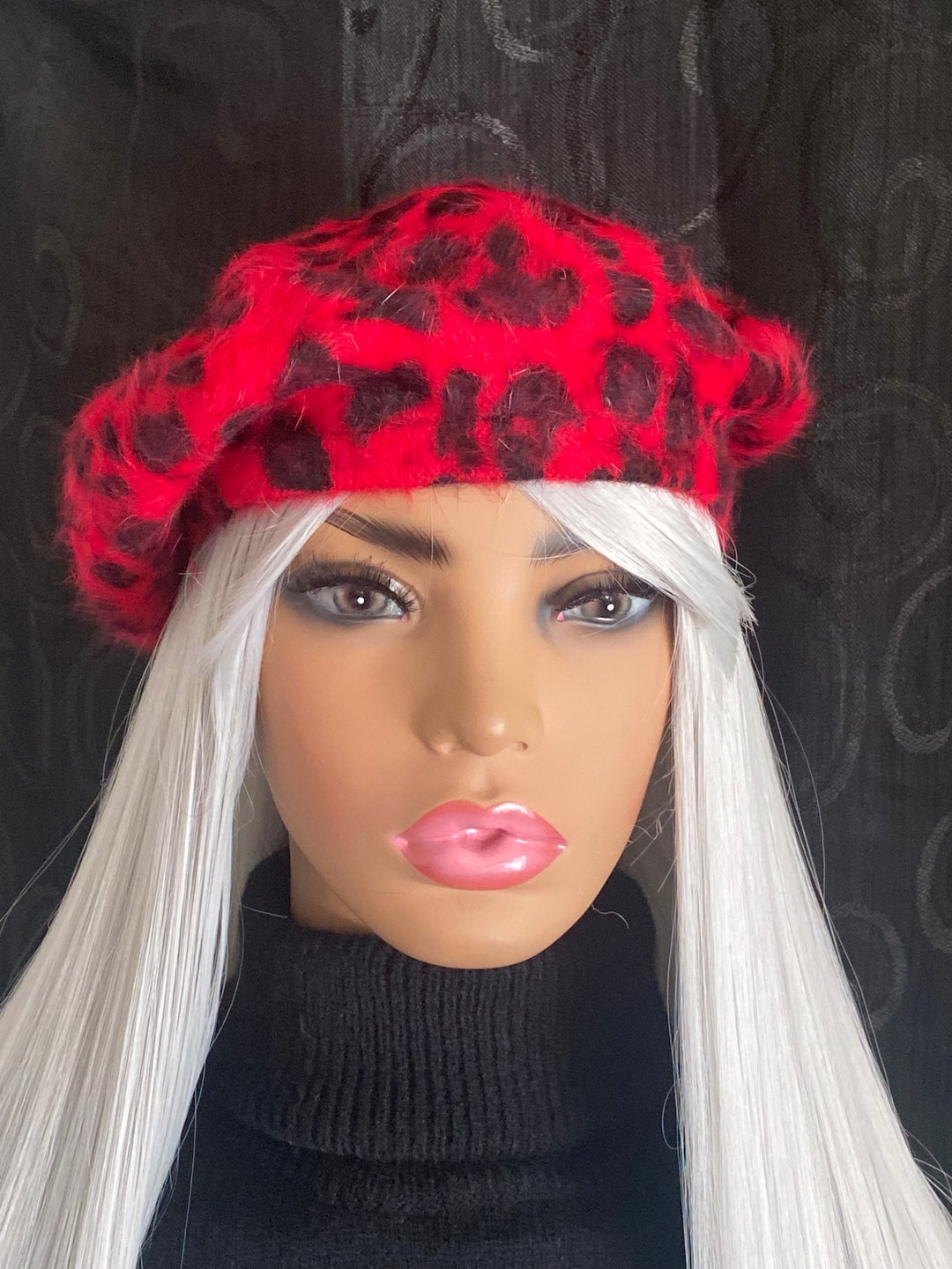 Leopard Print Faux Fur Beret, Red Leopard French Hat, Fuzzy Beret Hats ...