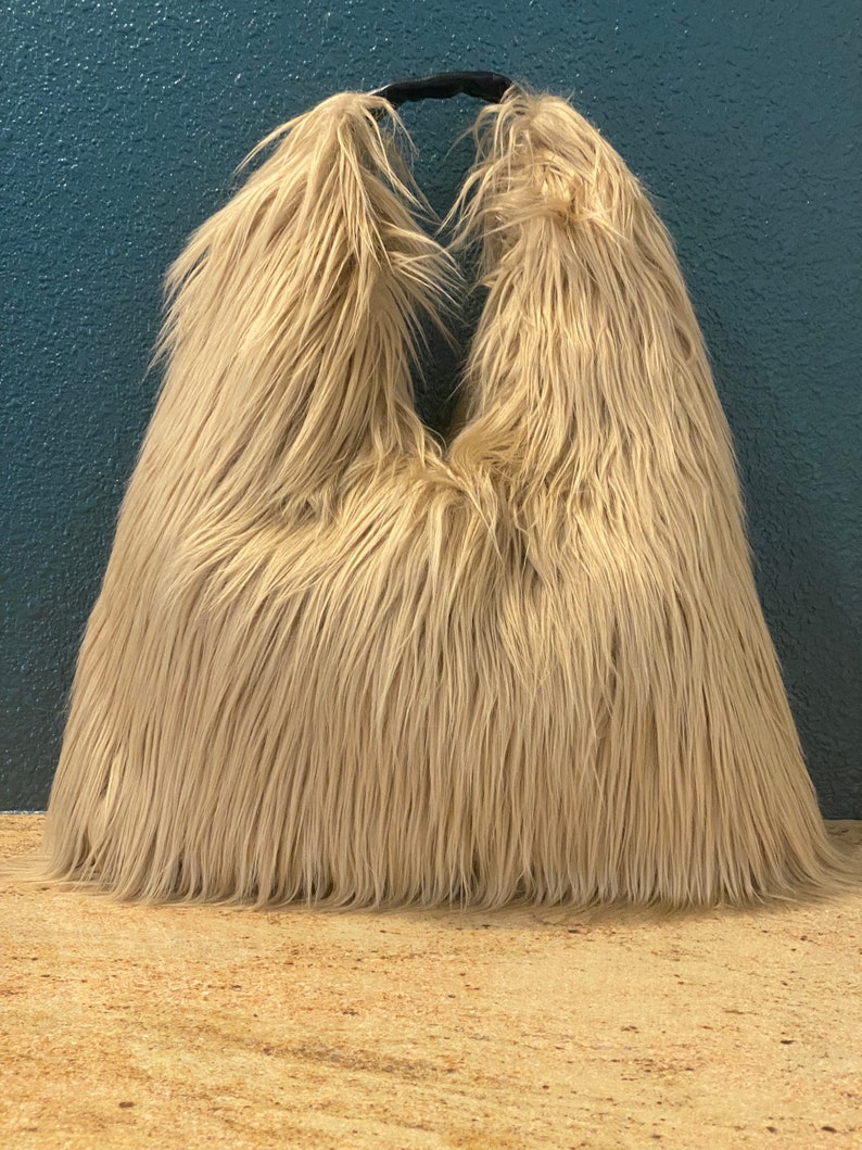 Faux Fur Shoulder Bag, Khaki Large Faux Fur Handbag, Y2K Faux Fur ...