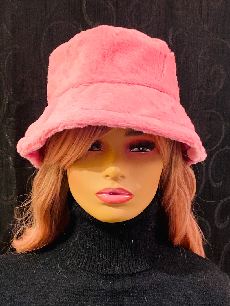 Pink Plush Faux Fur Bucket Hat, Faux Fur Bucket Hat, Pink Fur Bucket ...