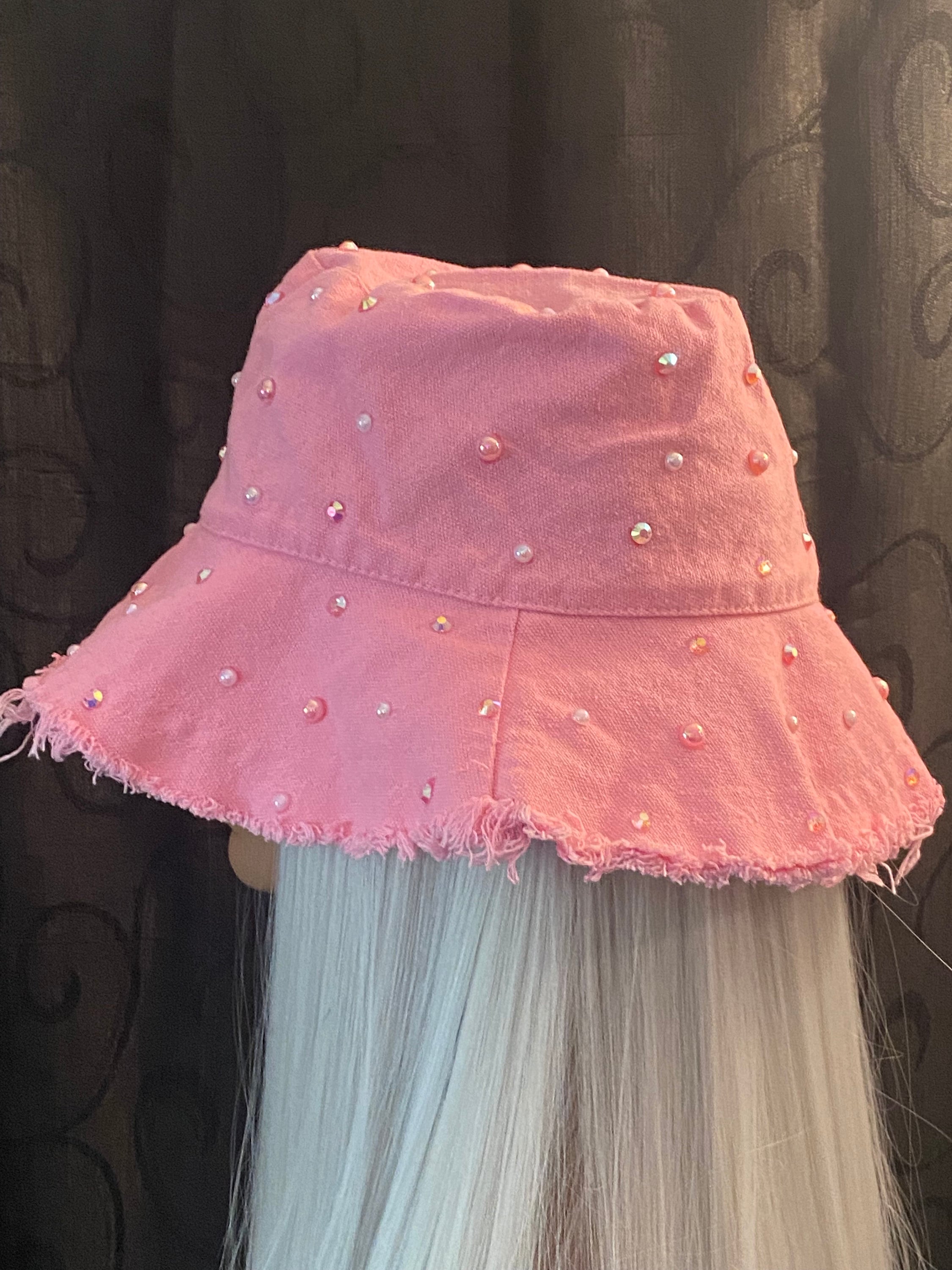 BLING Bucket Hat, Pink Pearl and Rhinestone Hat, Embellished Hat, Pink ...