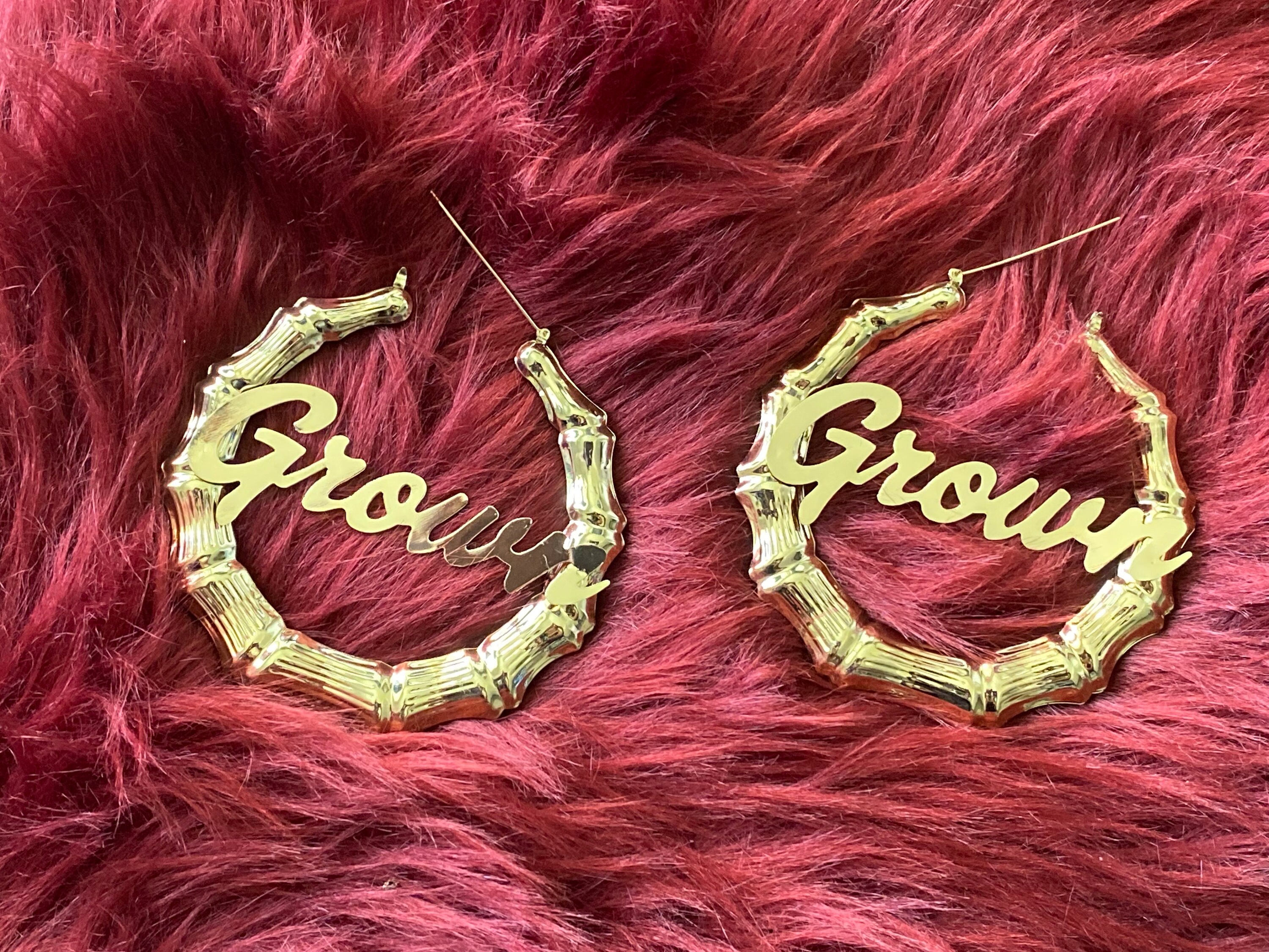 Gold Bamboo Hoop Earrings, Grown Bamboo Earrings, Grown Word Engraved ...