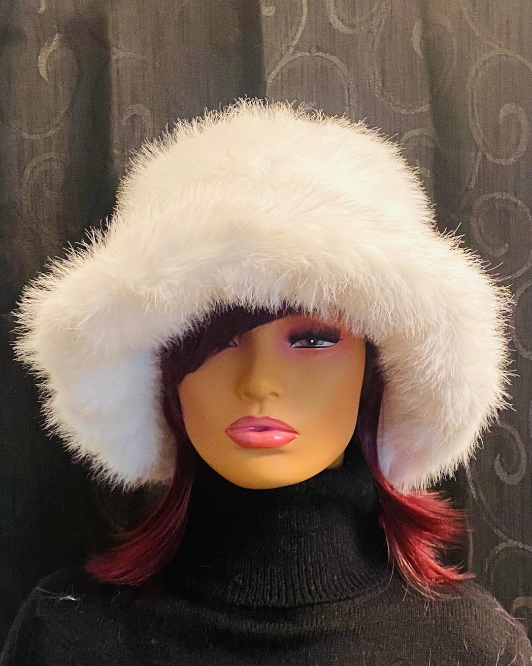 White Faux Fur Bucket Hat, White Fur Bucket Hat, Shaggy Fur Hat, White ...