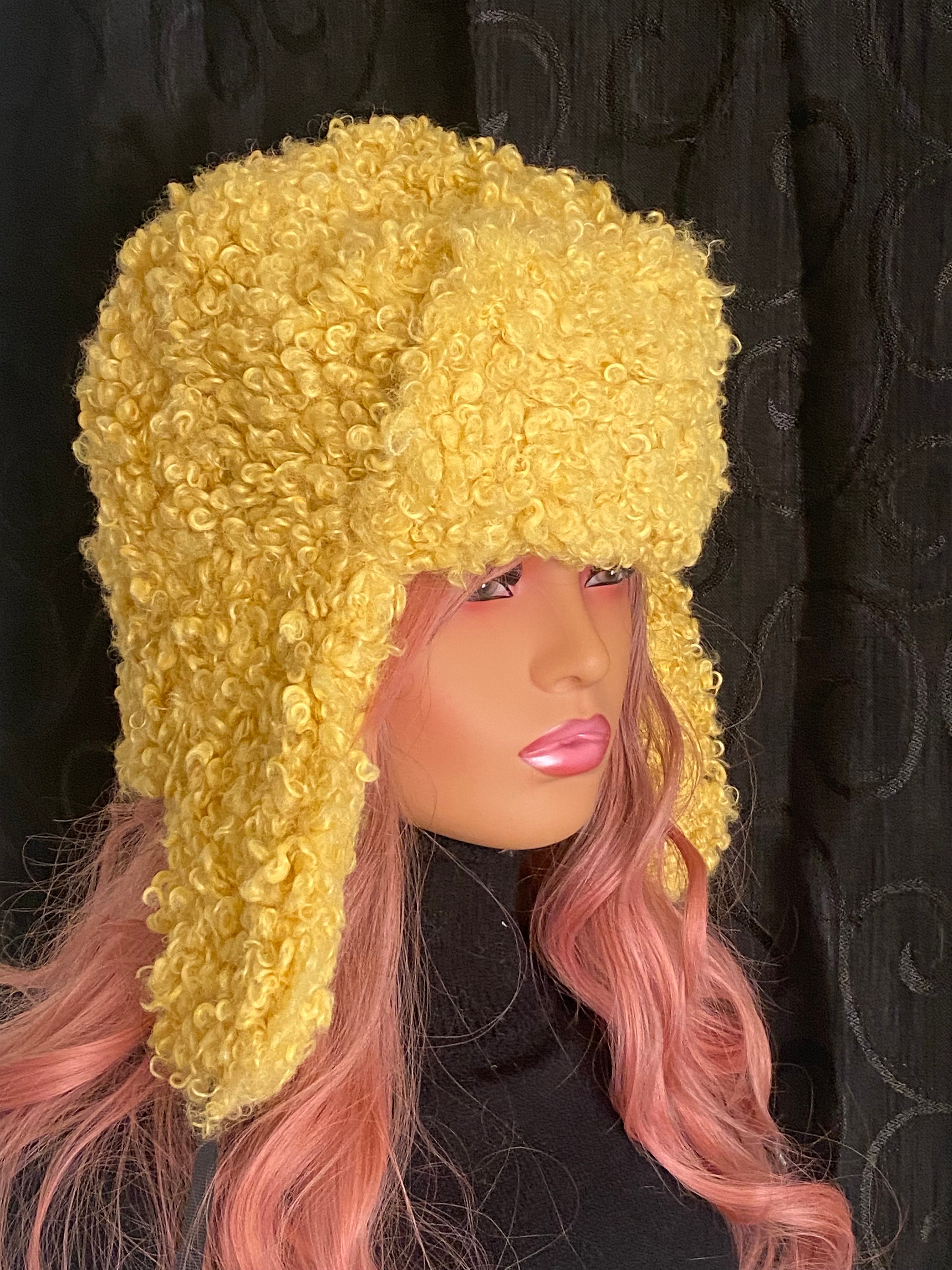 Yellow Faux Fur Trapper Hat/ Aviator Hat / Ski Hat / Festival Hat ...