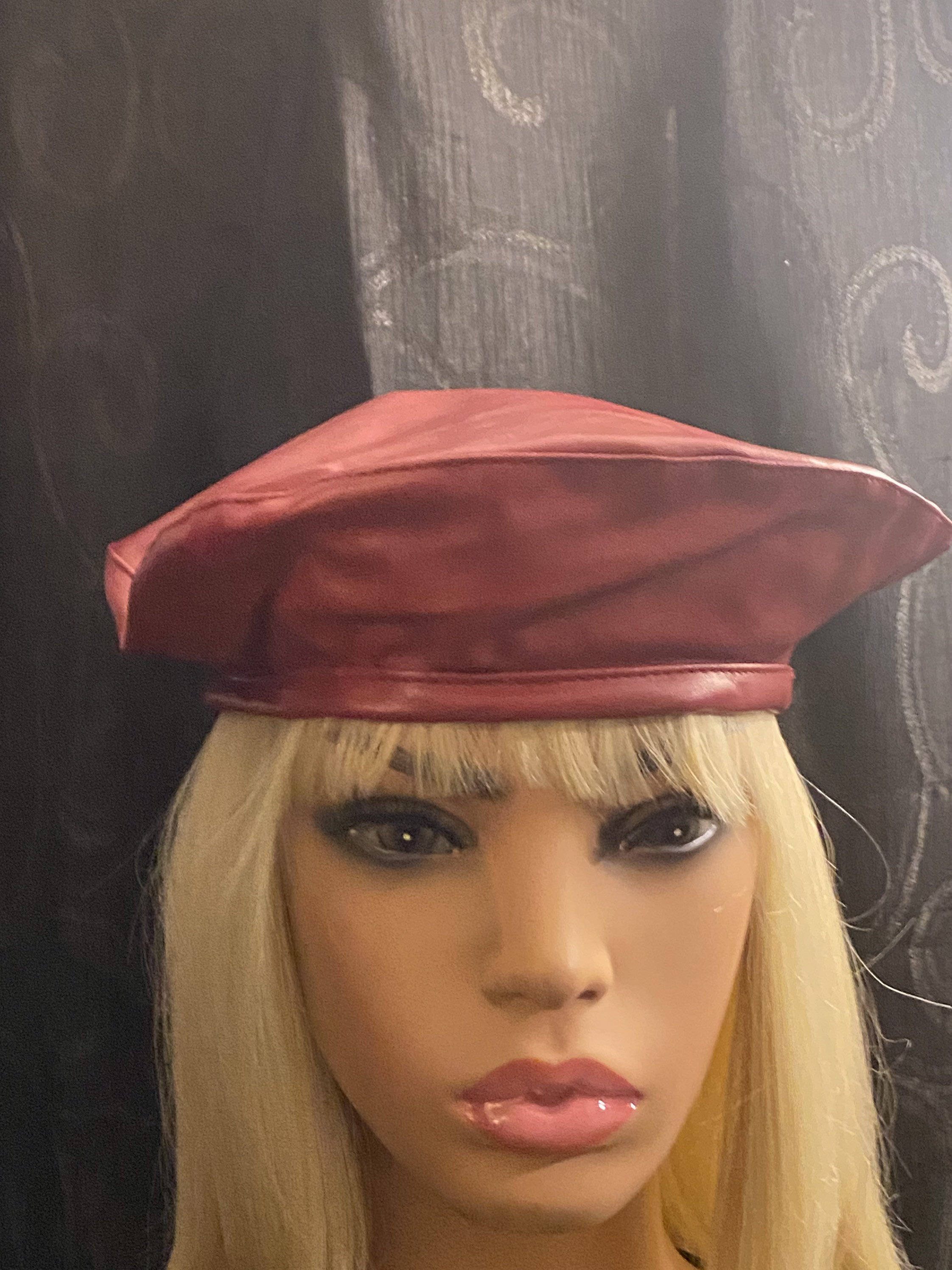 Red Faux Leather Beret, Red French Hat, Faux Leather Hats, Leather ...