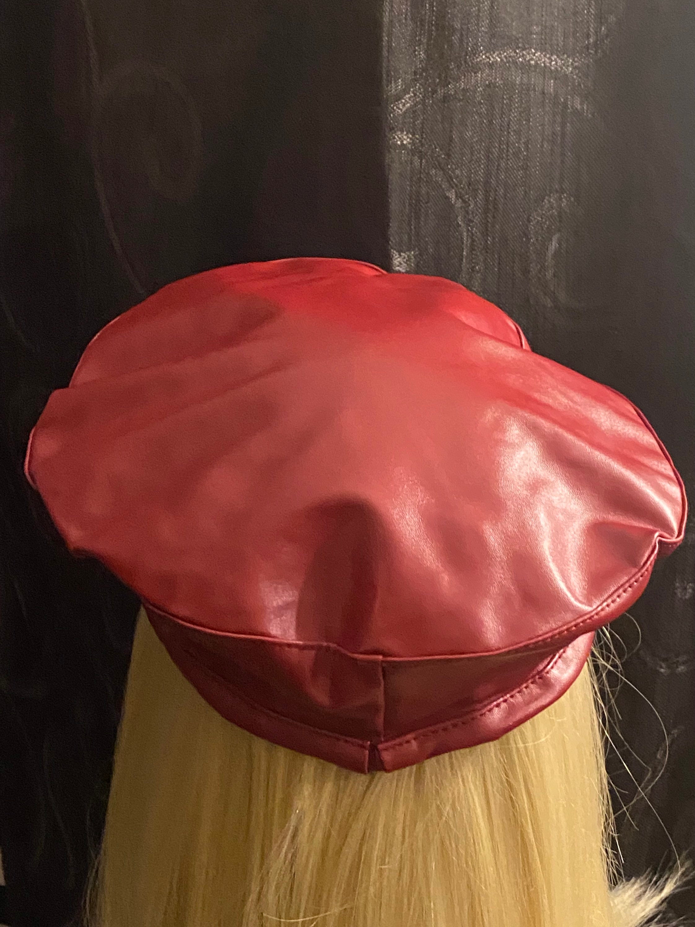 Red Faux Leather Beret, Red French Hat, Faux Leather Hats, Leather ...