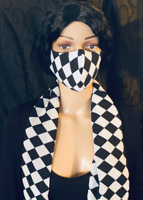 Black & White Checkered Mask and Scarf Set Black White | Etsy