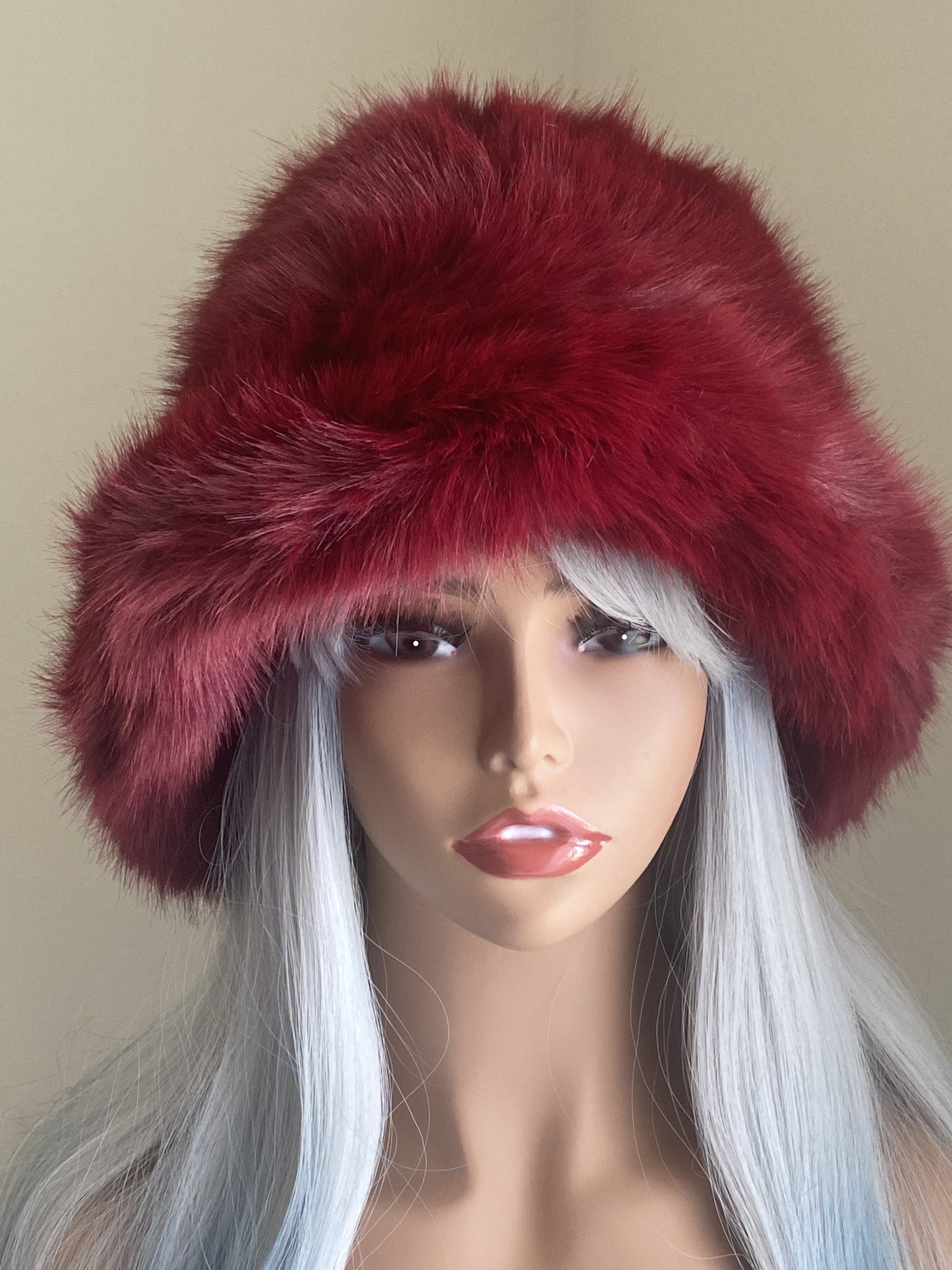 Burgundy Faux Fur Bucket Hat, Wine Red Faux Fur Bucket Hat, Shaggy Fur ...