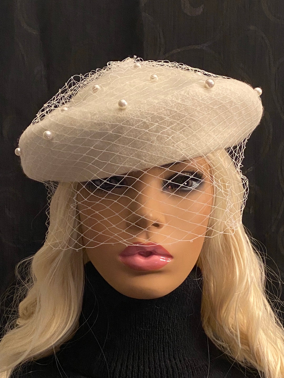 White Veiled Beret, off White Beret With Veil and Pearls, off White ...