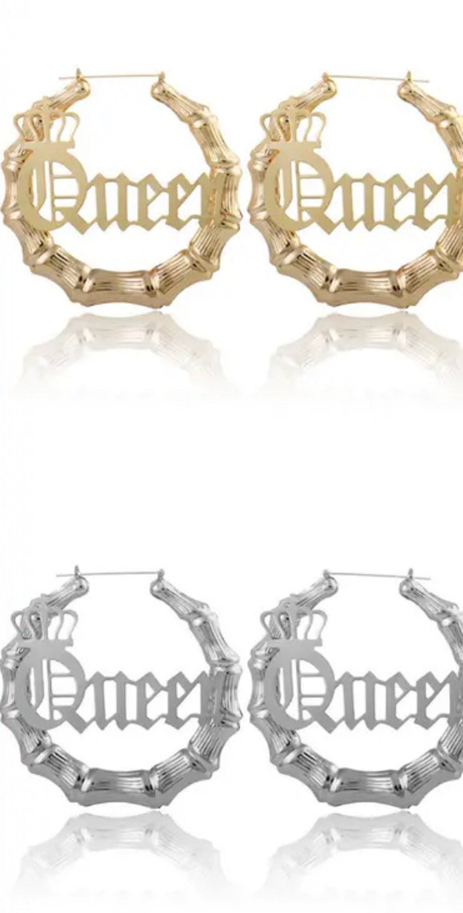 Silver Bamboo Hoop Earrings, Queen Bamboo Earrings, Queen Word Engraved ...