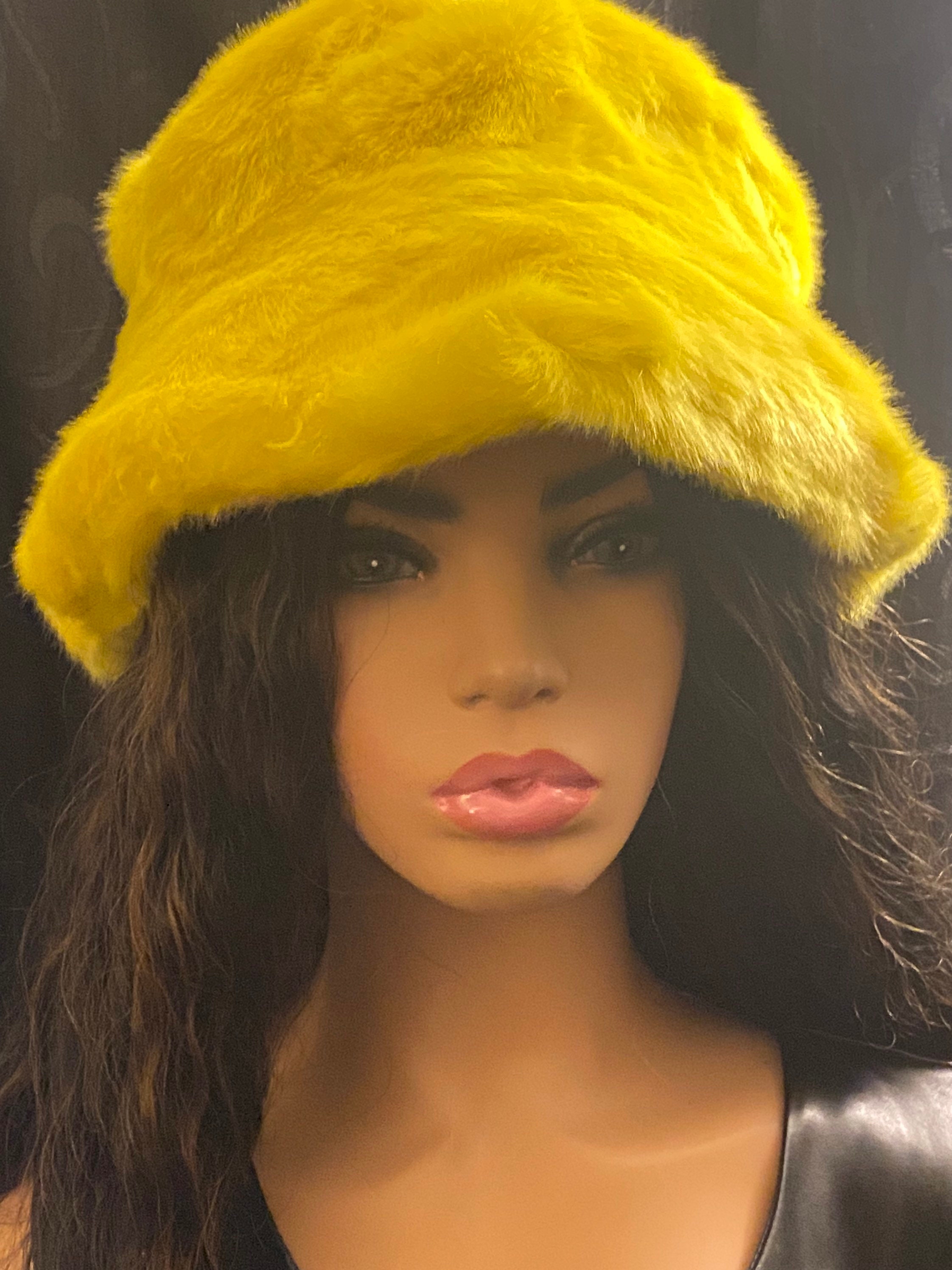 Yellow Faux Fur Bucket Hat, Yellow Faux Fur Hat, Yellow Fur Bucket Hat ...