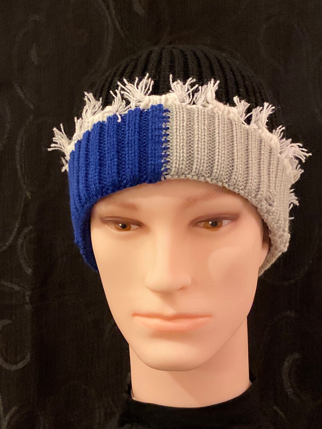 Colorblock Frayed Distress Beanie, Black Knit Beanie, Ripped Beanie ...