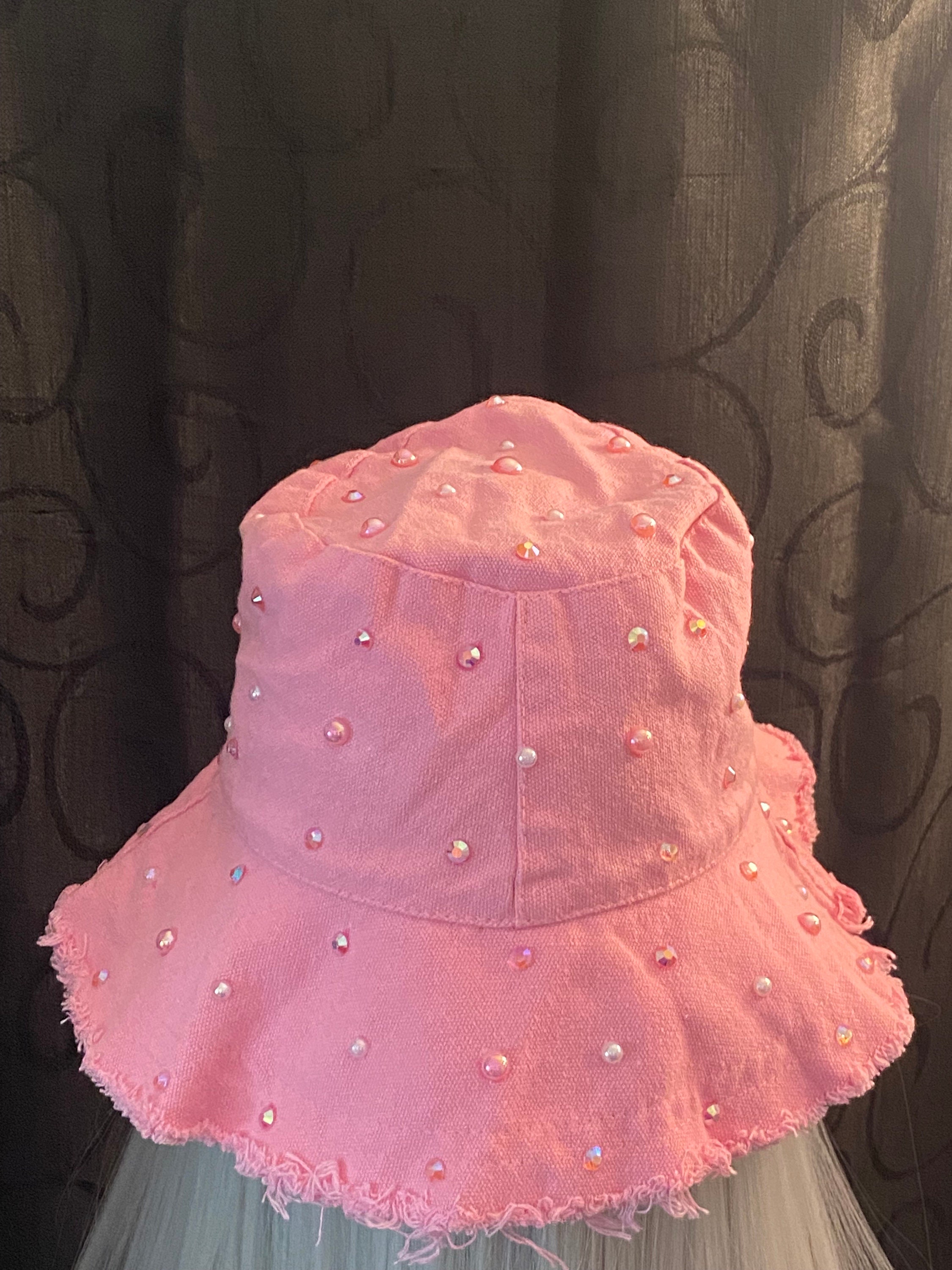 BLING Bucket Hat, Pink Pearl and Rhinestone Hat, Embellished Hat, Pink ...