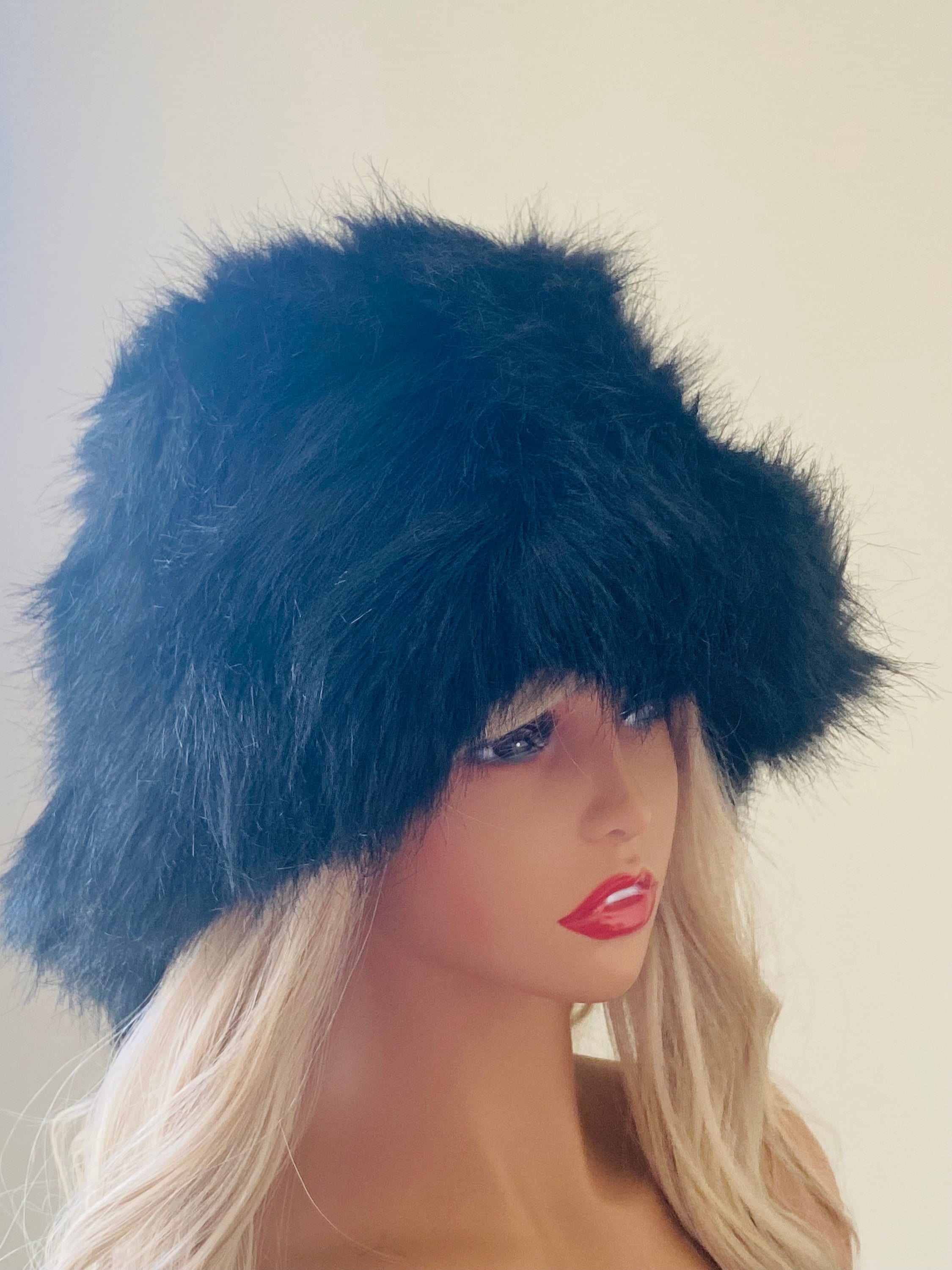 Black Faux Fur Bucket Hat, Faux Fur Bucket Hat, Black Shag Fur Bucket ...