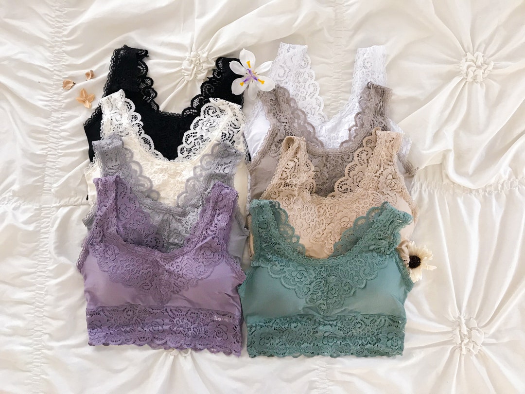 Sheer Lace Back Padded Lace Detail Round Neck Bralette Pullover ...