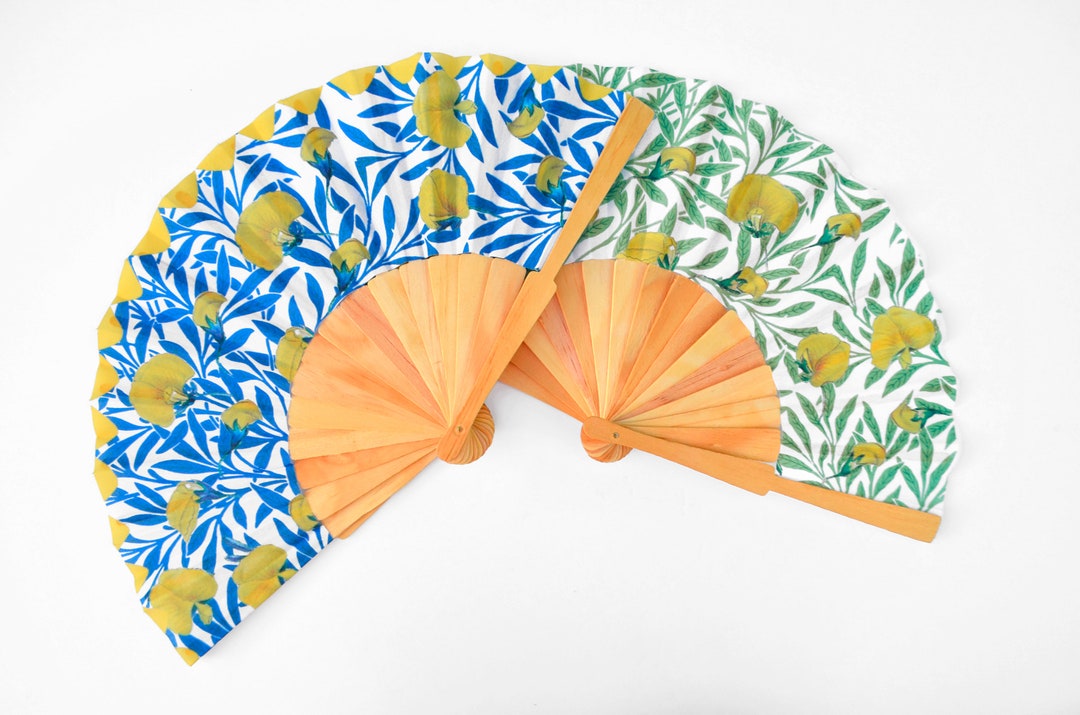 Positano Hand Fan Set: Blue & Green Cotton Folding Fans With Gift Box ...