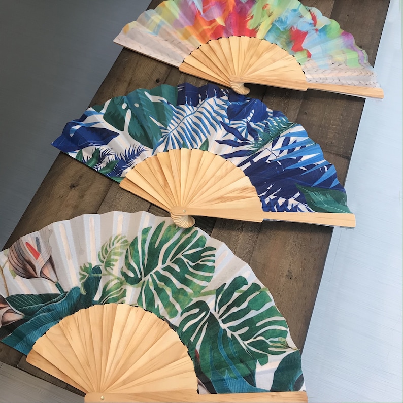 Tropical Hand Fan: Wood & Fabric Folding Fan, Party Favor - Etsy