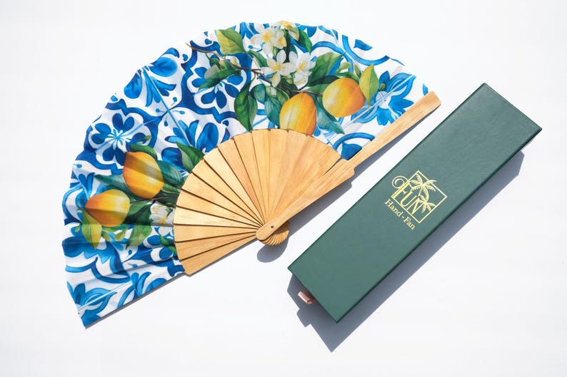 Mediterranean Lemon Hand Fan – Blue Tile Folding Fan, Amalfi Coast Fan ...