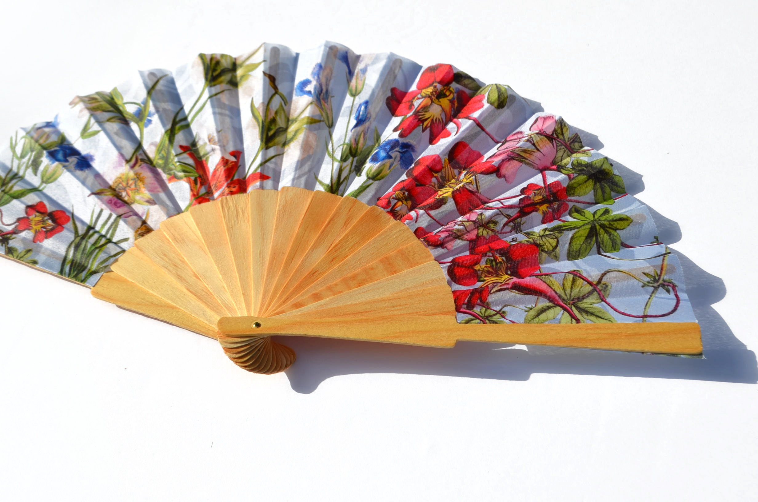 Floral Folding Hand Fan: Cotton Fabric With Pinewood Handle, Elegant ...