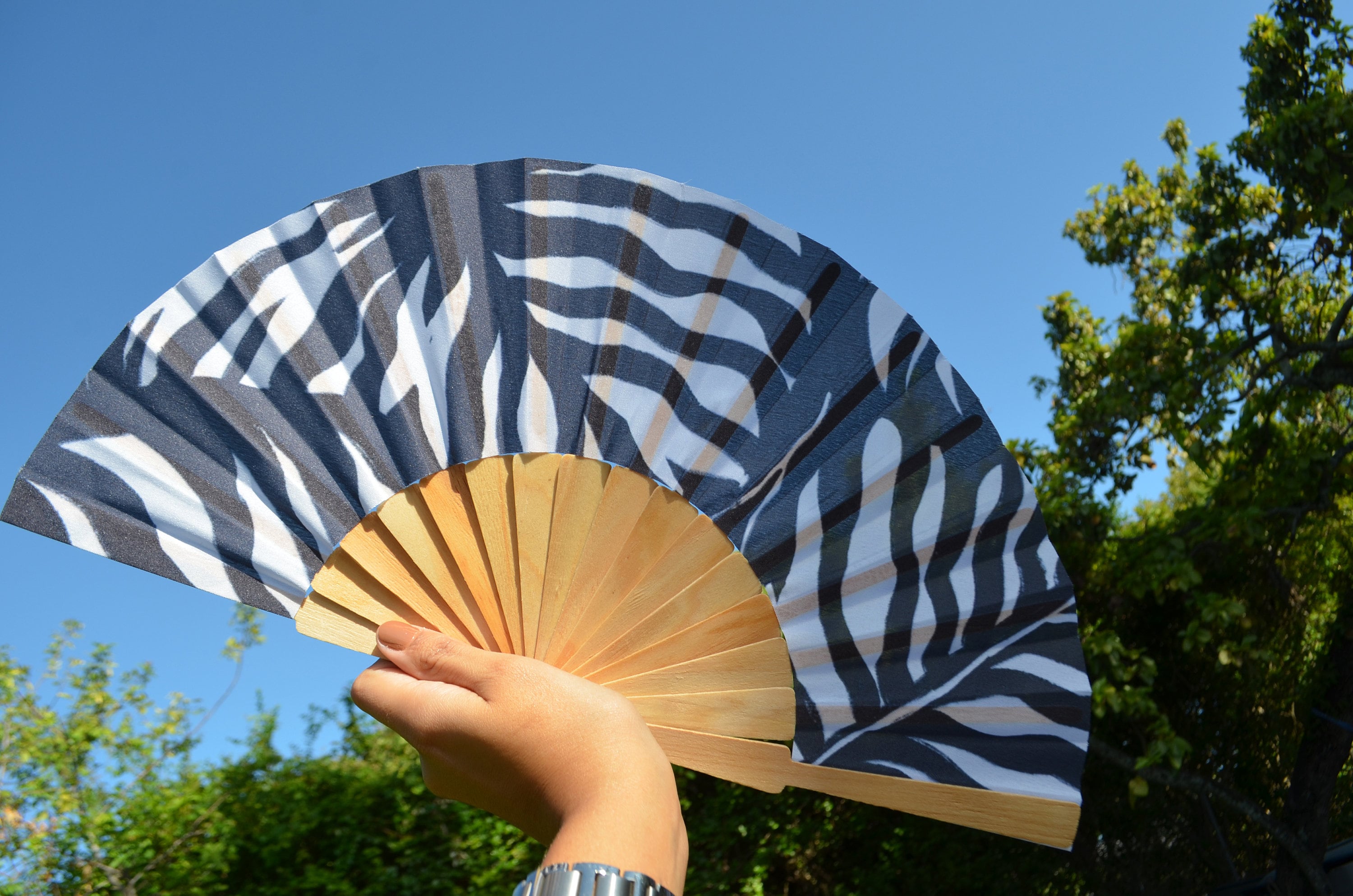 Zebra Print Folding Hand Fan: Modern Cotton & Pinewood Accessory - Etsy