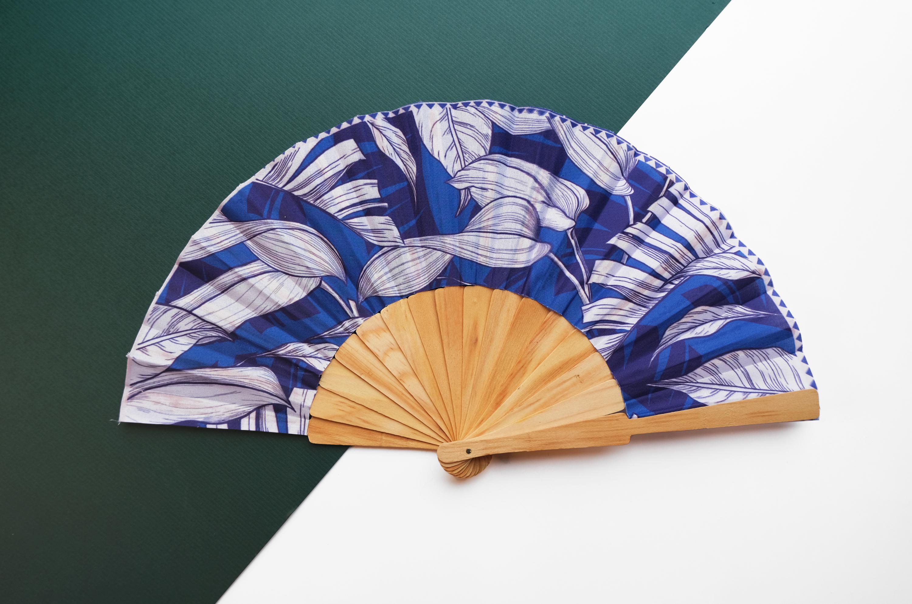 Blue Tropical Leaves Hand Fan: Handmade Cotton Summer Accessory - Etsy