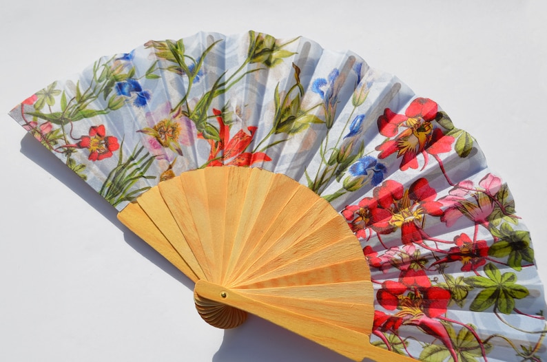 Floral Folding Hand Fan: Cotton Fabric With Pinewood Handle, Elegant ...