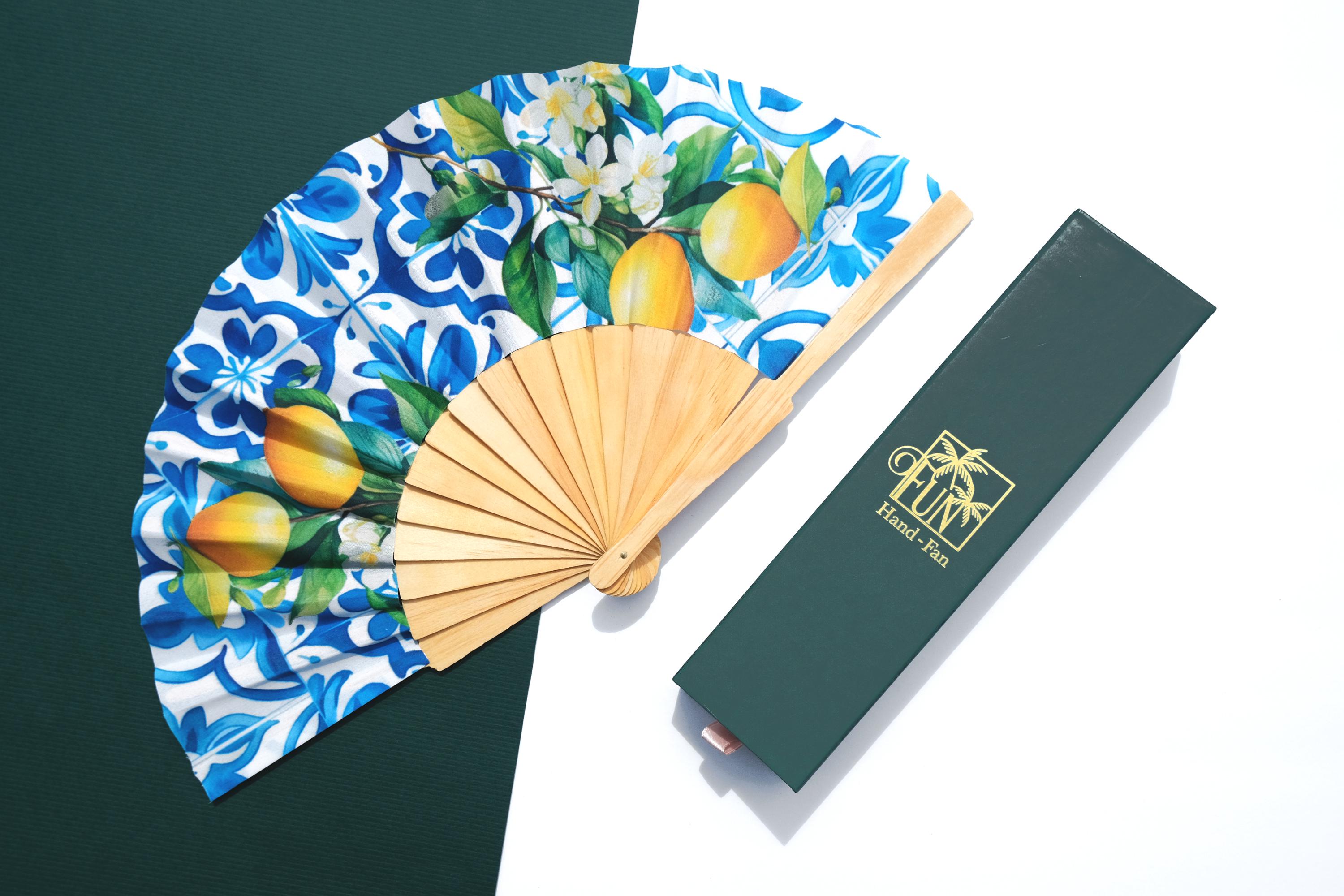 Mediterranean Lemon Hand Fan – Blue Tile Folding Fan, Amalfi Coast Fan ...