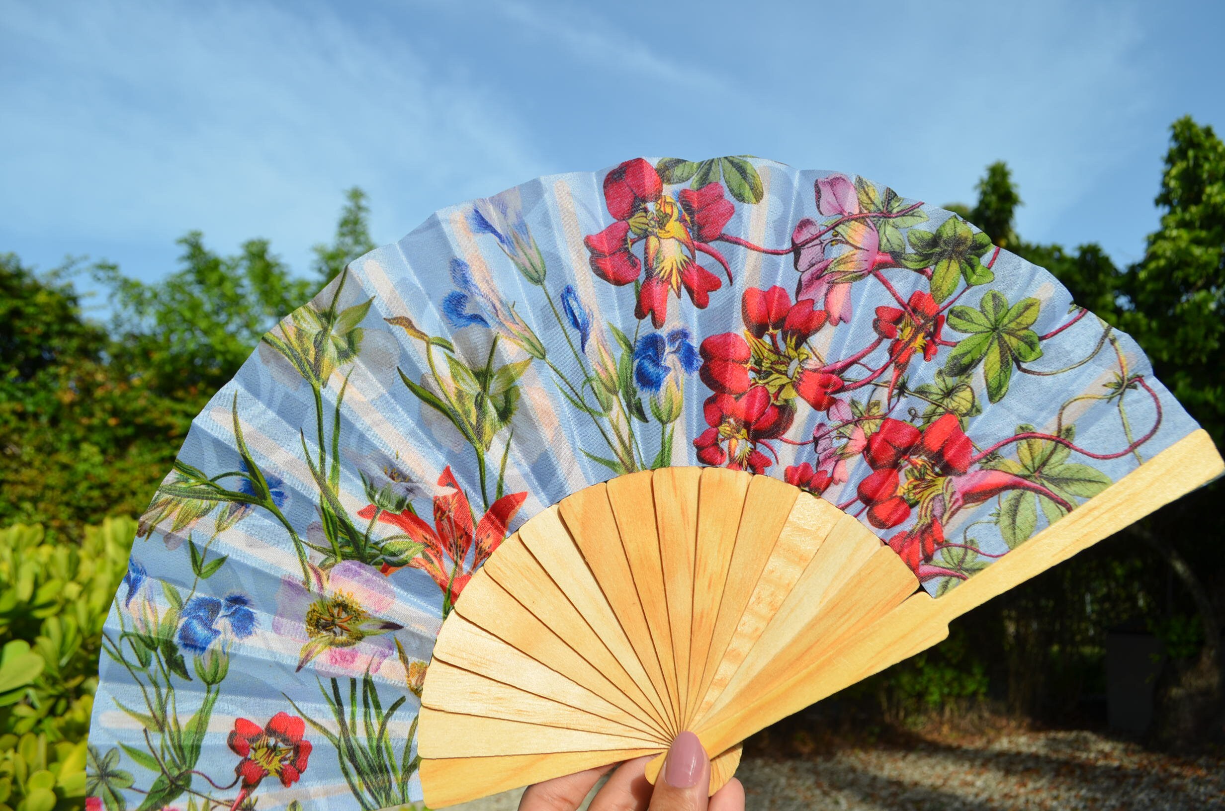Floral Folding Hand Fan: Cotton Fabric With Pinewood Handle, Elegant ...