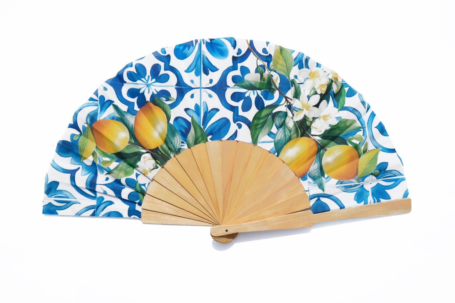Mediterranean Lemon Hand Fan – Blue Tile Folding Fan, Amalfi Coast Fan ...