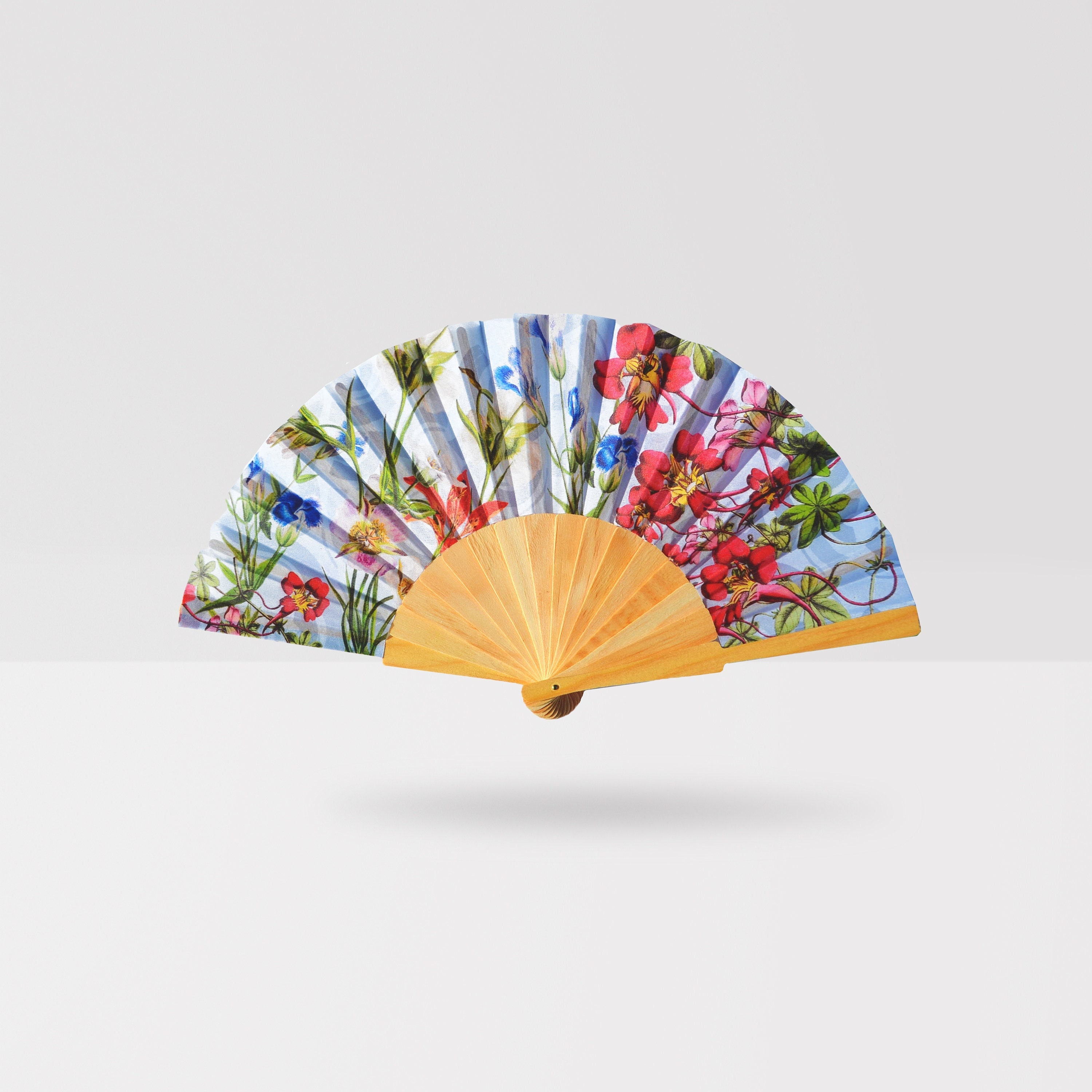 Floral Folding Hand Fan: Cotton Fabric With Pinewood Handle, Elegant ...
