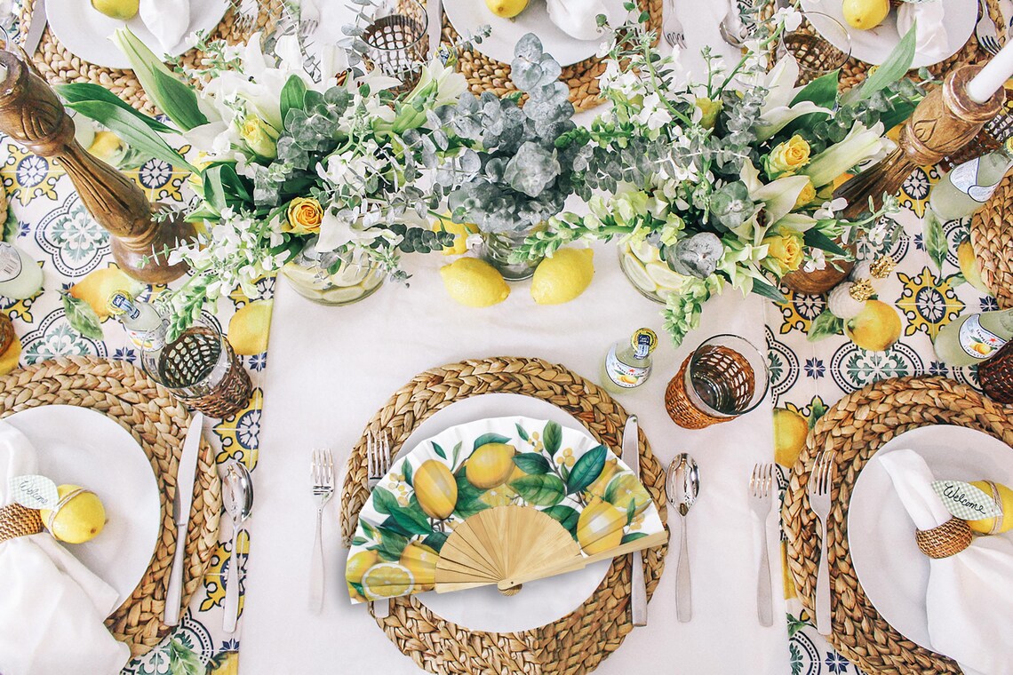 Italian Lemon Hand Fan – Amalfi Coast Fabric Fan, Summer Wedding Favor ...