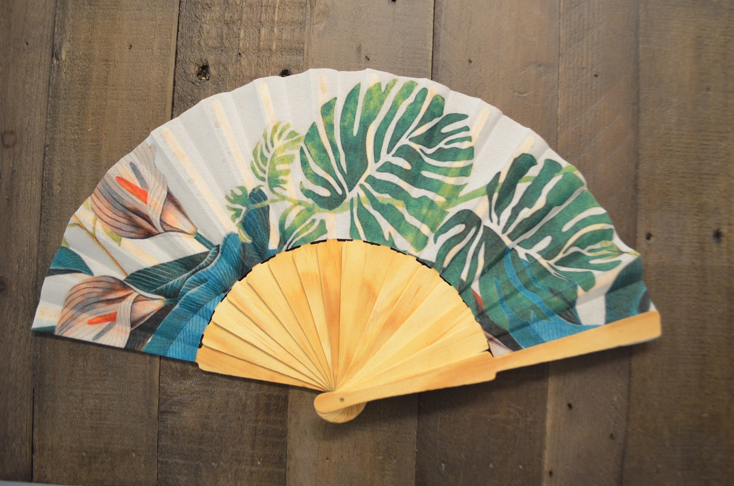 HAND FAN Tropical Wood & Fabric Wedding Folding Fan - Etsy