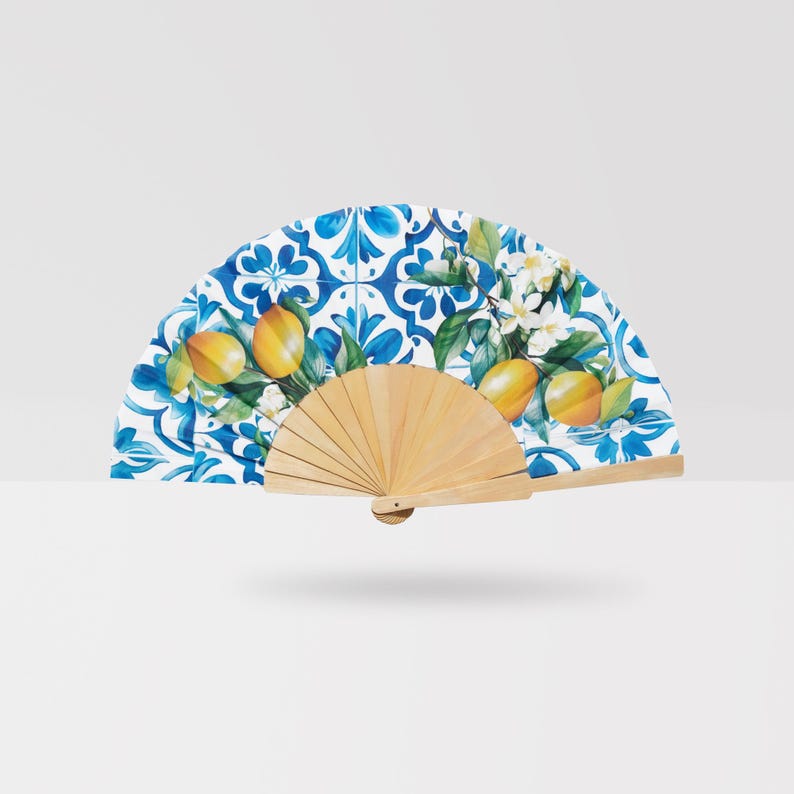 Mediterranean Lemon Hand Fan – Blue Tile Folding Fan, Amalfi Coast Fan ...