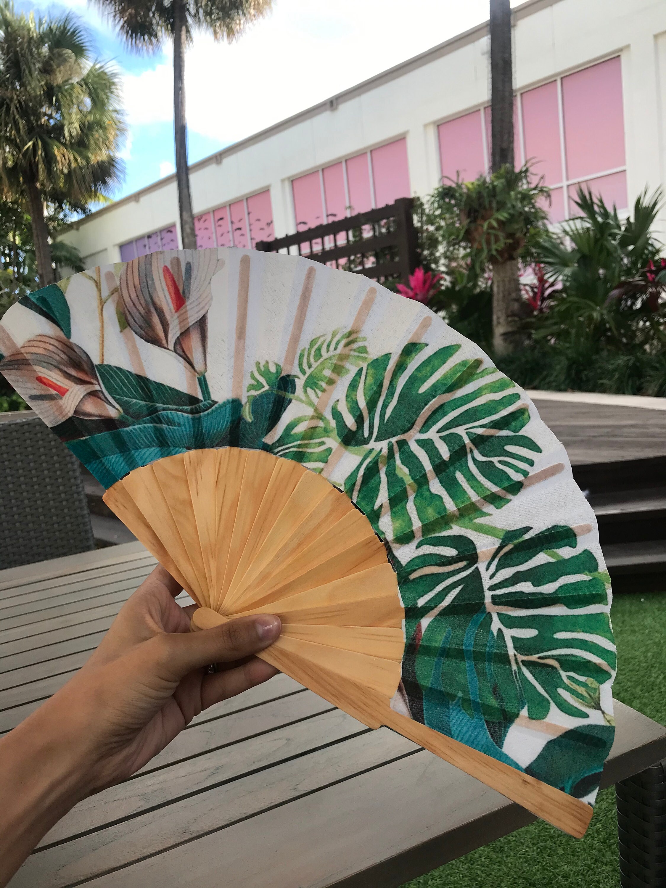 HAND FAN Tropical Wood & Fabric Wedding Folding Fan - Etsy