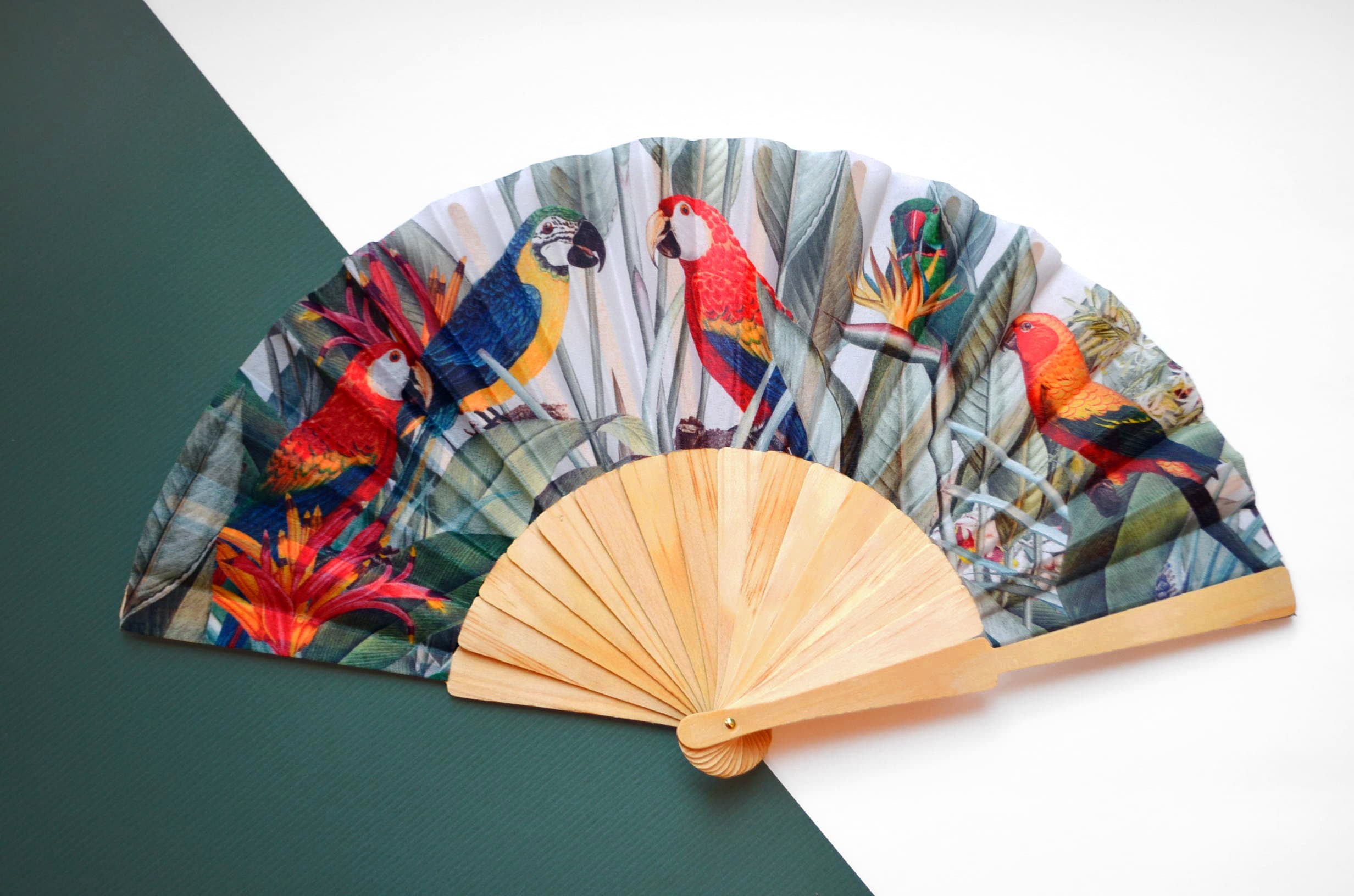 Tropical Folding Hand Fan: Parrot Print, Cotton & Pinewood - Etsy