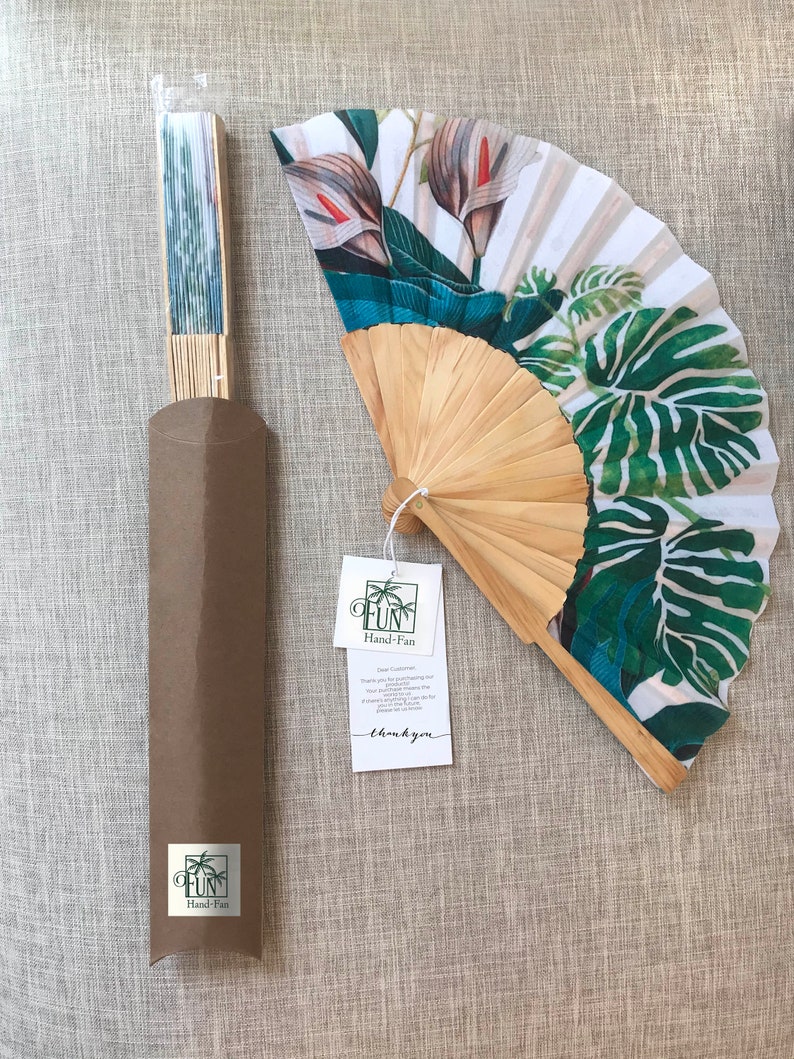 Tropical Hand Fan: Wood & Fabric Folding Fan, Party Favor - Etsy