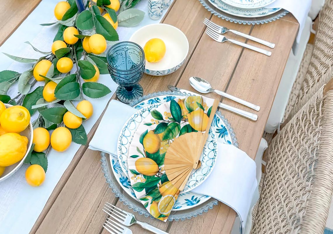 Italian Lemon Hand Fan – Amalfi Coast Fabric Fan, Summer Wedding Favor ...