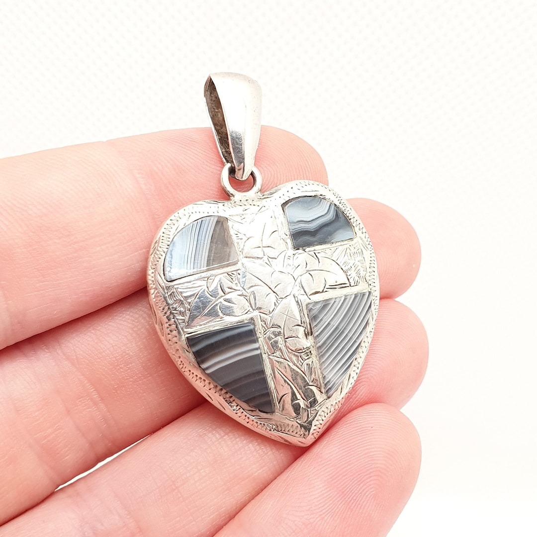 Antique Scottish Solid Silver Heart Pendant Blue Laced Agate Victorian ...