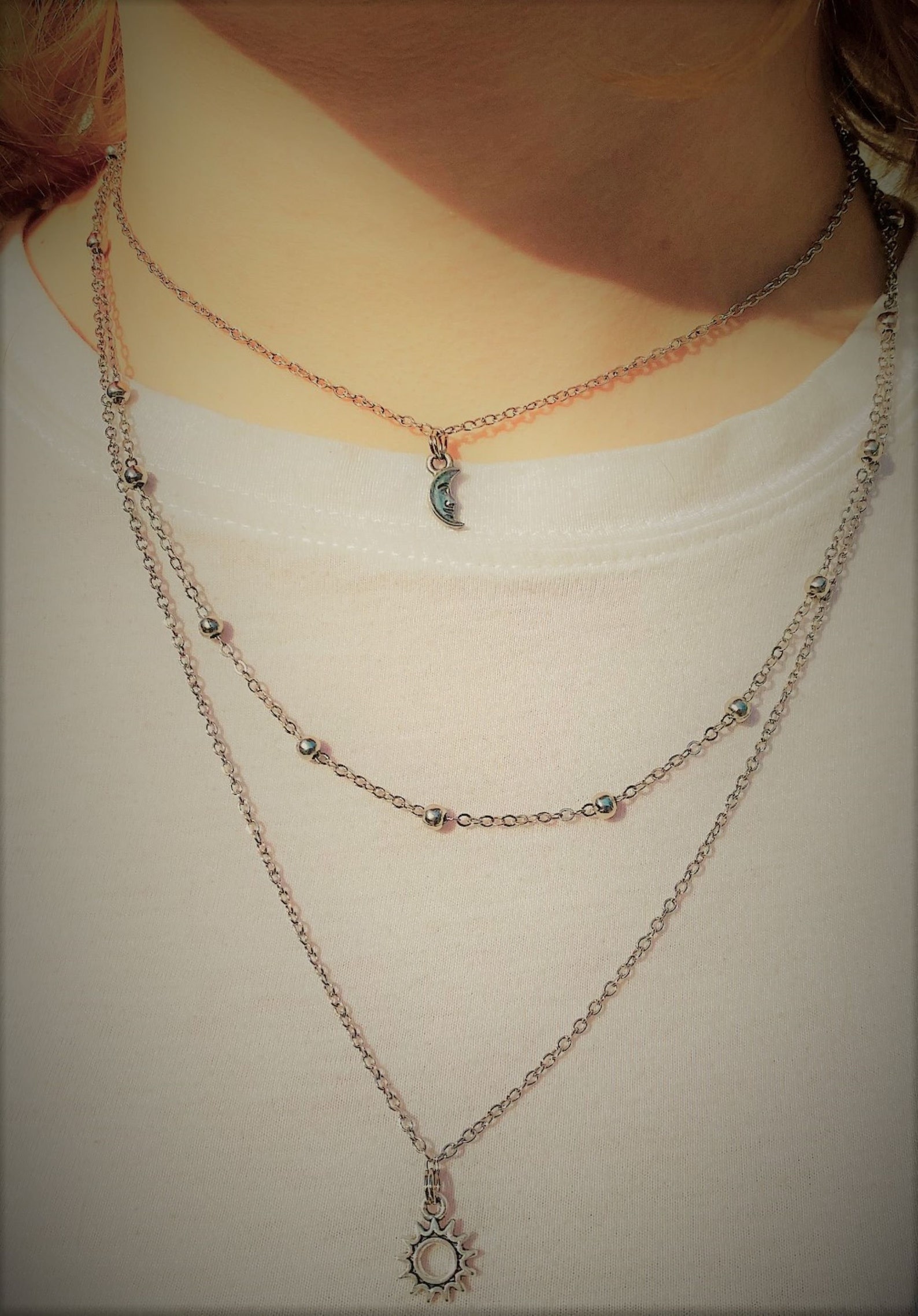 CELESTIAL Stacked Necklace Sun & Moon ADJUSTABLE Handmade | Etsy
