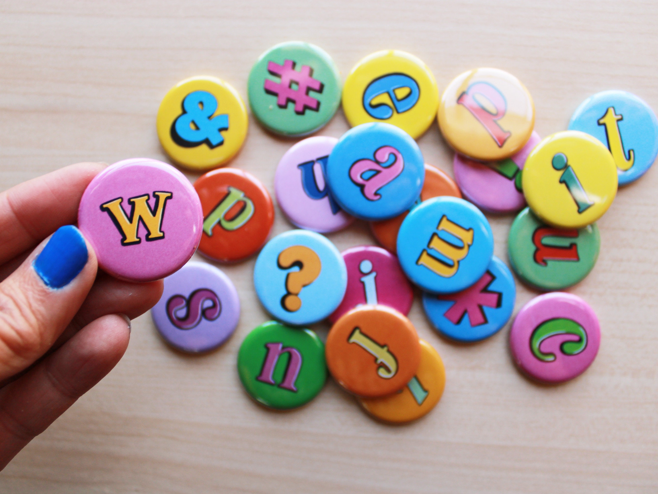 Pin and Magnet Badges, Serif Pop Font Letters, Small Caps and Large Cap ...