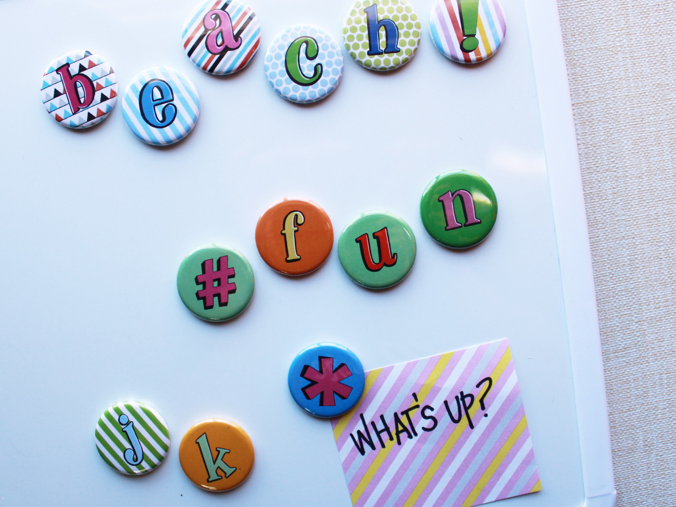 Pin and Magnet Badges, Serif Pop Font Letters, Small Caps and Large Cap ...