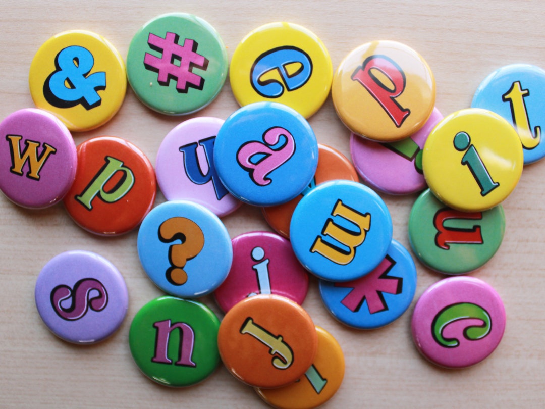 Pin and Magnet Badges, Serif Pop Font Letters, Small Caps and Large Cap ...