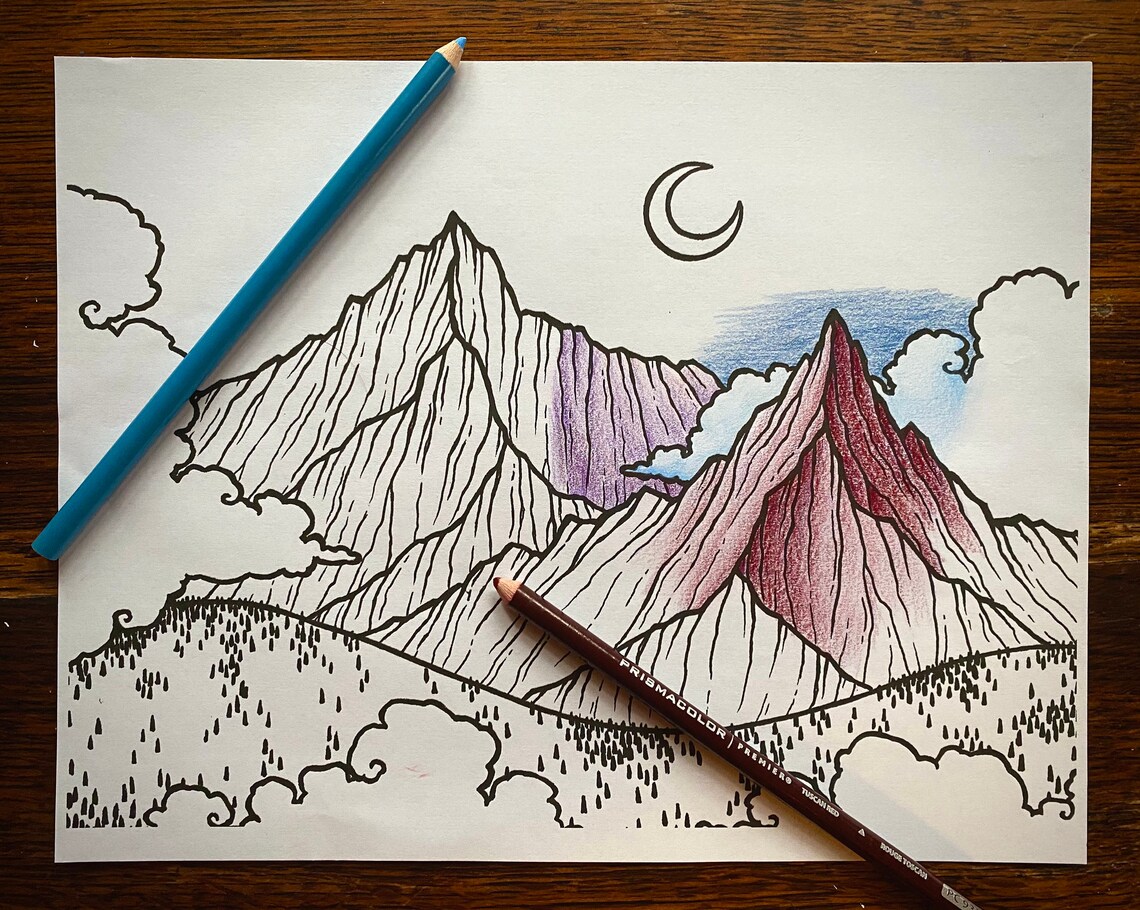 Mountain Landscape Coloring Page Download - Etsy