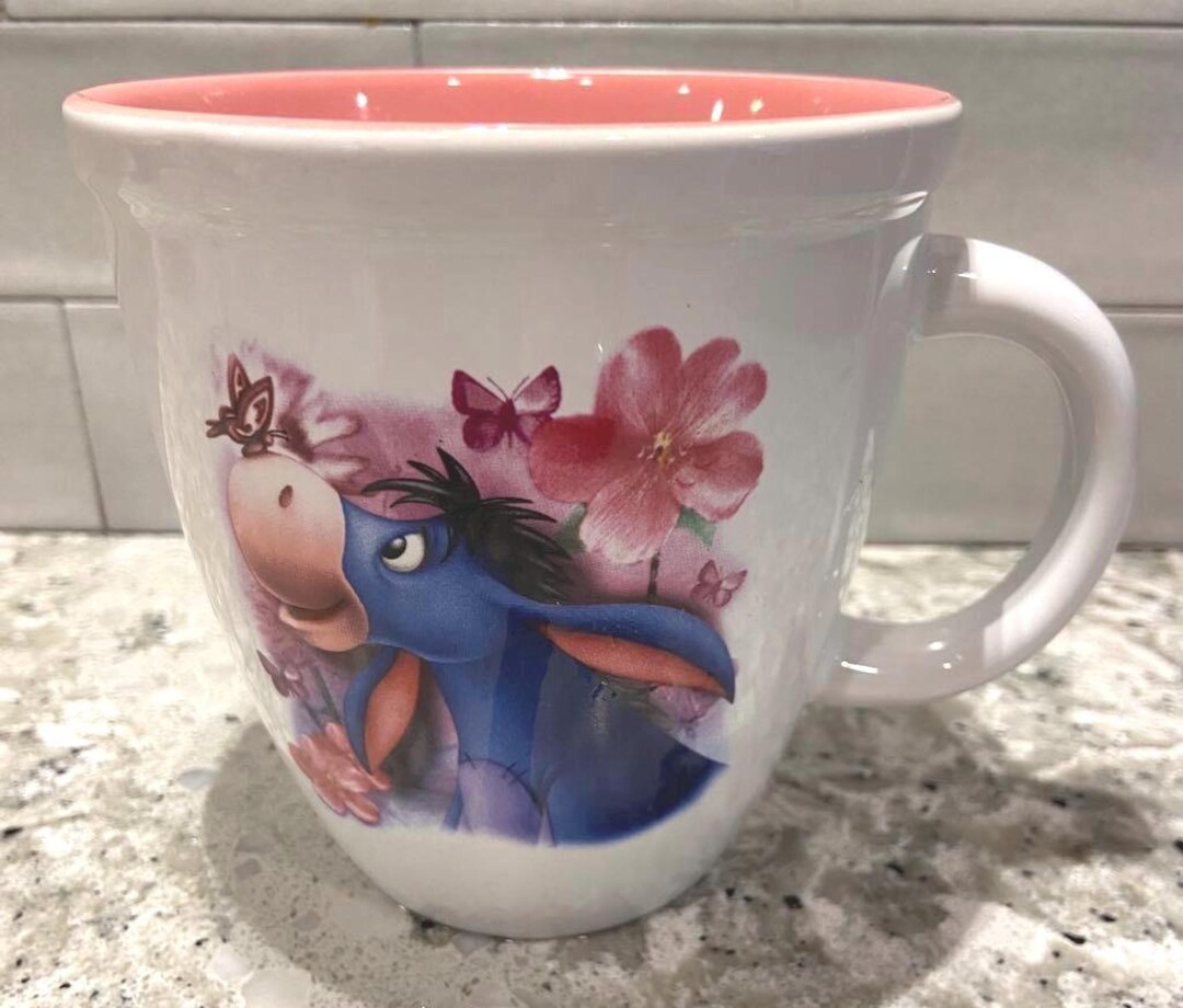 Winnie the Pooh White Pink Large Eeyore Coffee Mug Flower With Butterfly. - Etsy