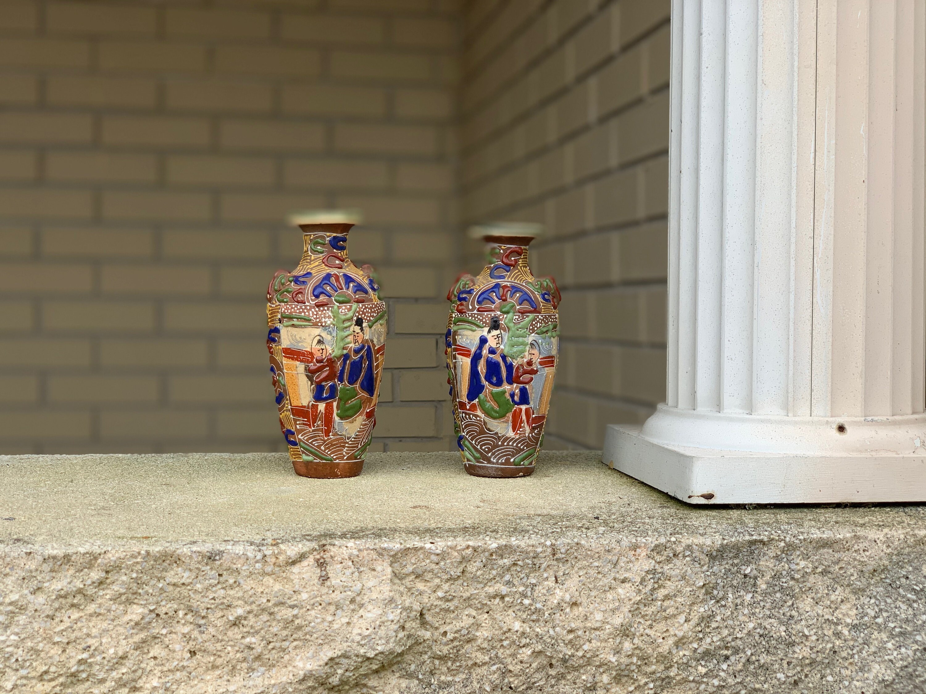 Pair of Colorful Small Japanese Vases, Vintage Asian Pottery W/ Raised ...
