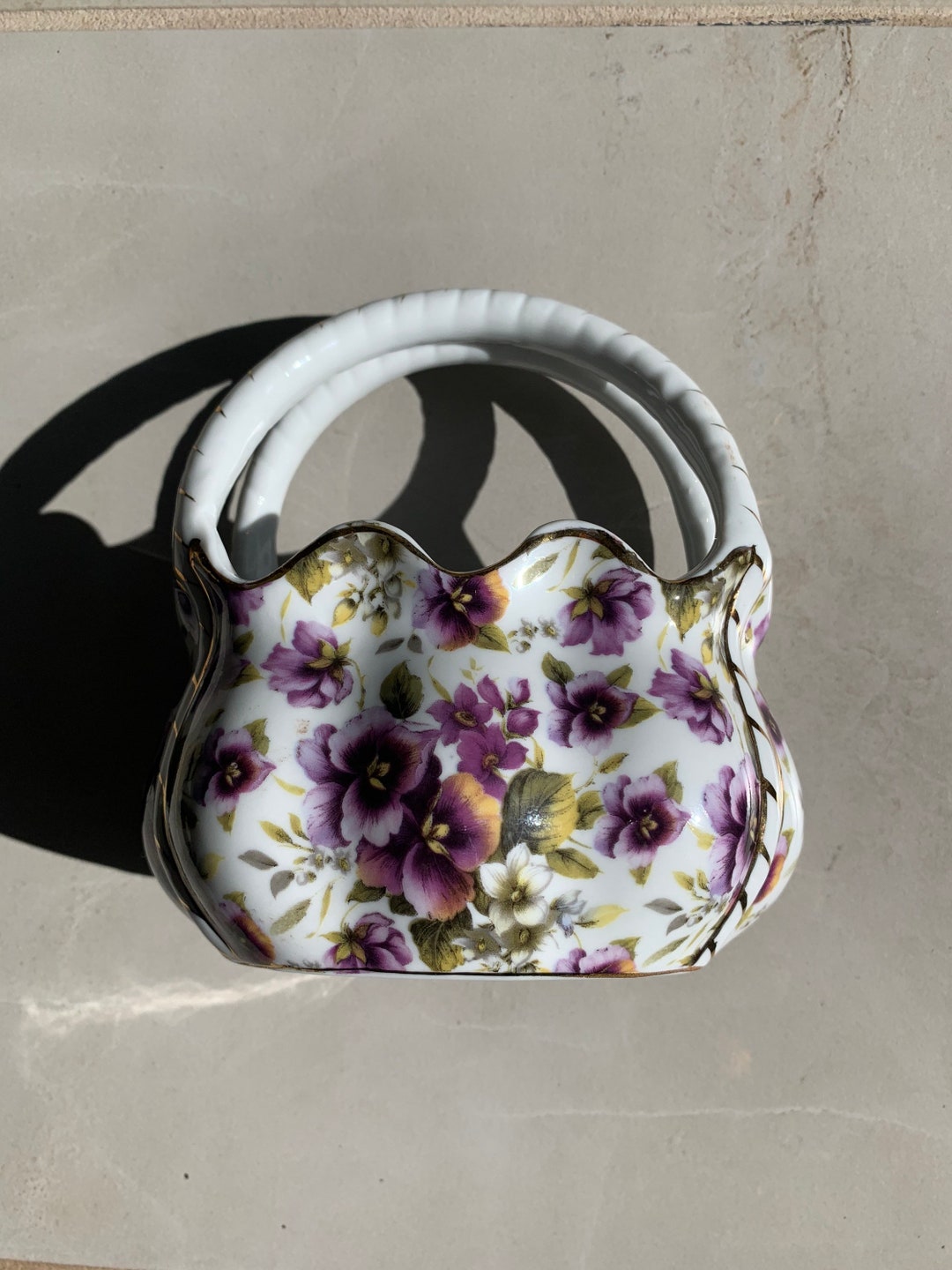 Vintage Purple Floral Ceramic Basket Purse With Double Gold Striped ...