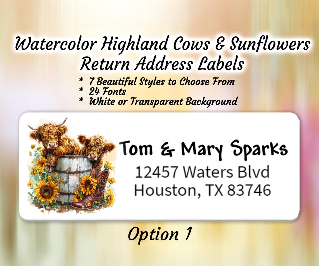 Highland Cow Return Address Labels - Antique Rain Barrel & Sunflowers ...